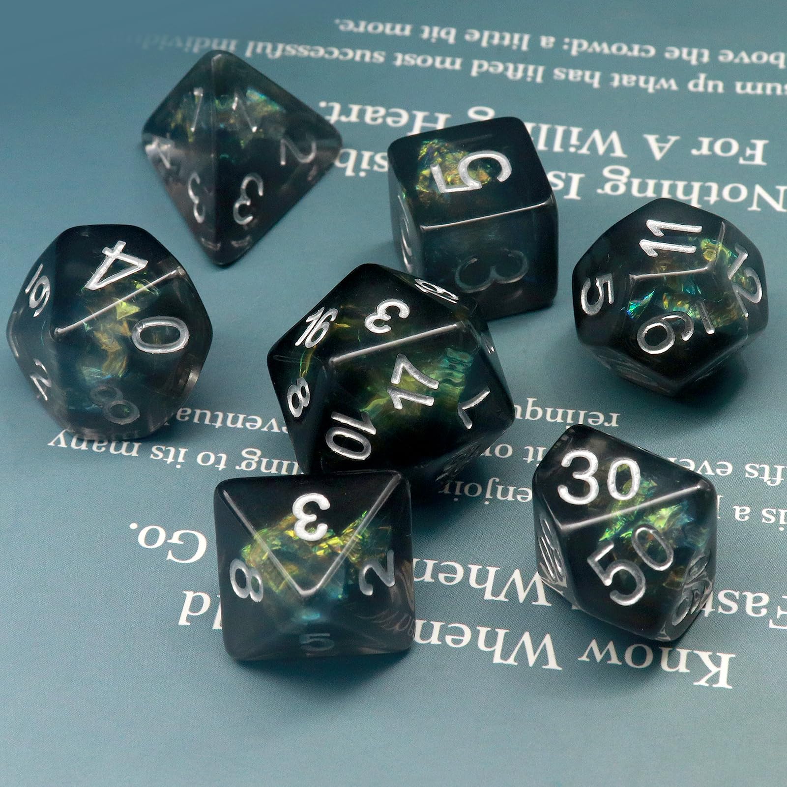 PJOY Clear Rainbow DND Dice Set 7PCS D&D Dice Iridescent Mylar Filled Resin Polyhedral RPG Game Dungeons and Dragons Gifts