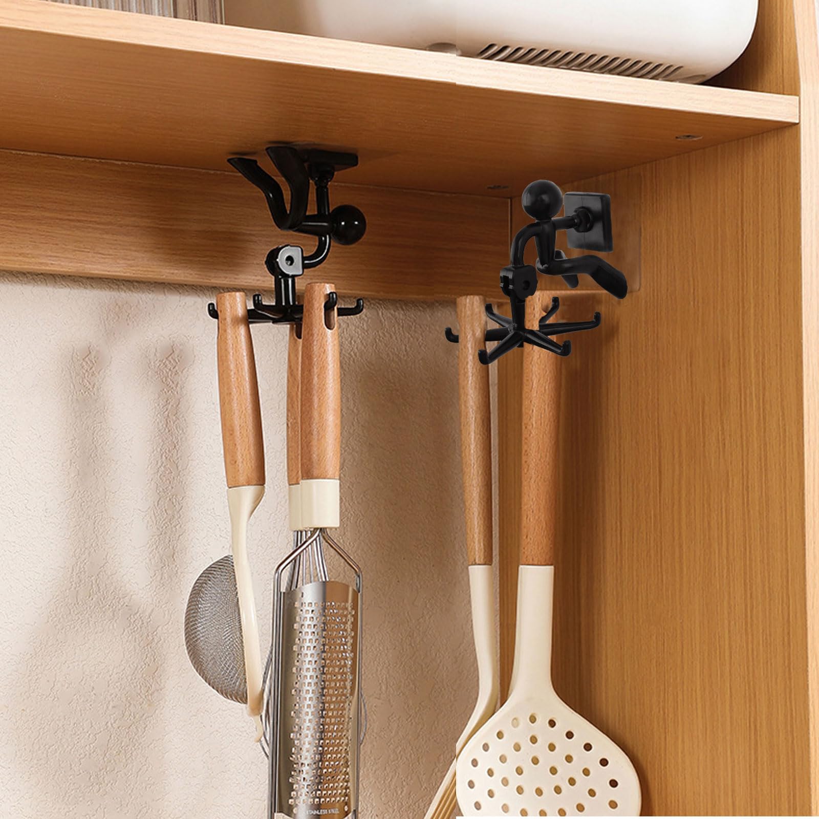 INCREWAY 4pcs 6-Claw Nail-Free Rotating 360° Rotating Folding Hooks in The Shape of Small People Shelf Adhesive Hook for Kitche,Black