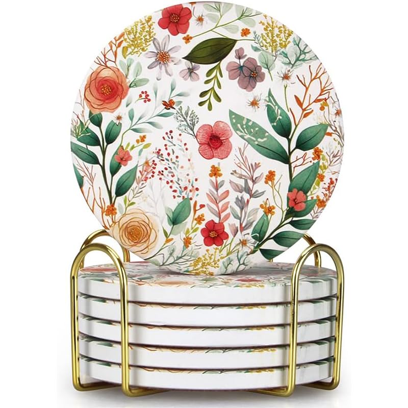 6 Pcs Cute Flower Drink Coasters with Holder Modern Ceramic Absorbent Coasters Decorative Coffee Table Coaster Set of 6 Decor Desk Vintage Coasters for Beverage Gift Colorful Floral Cup Tea Coasters