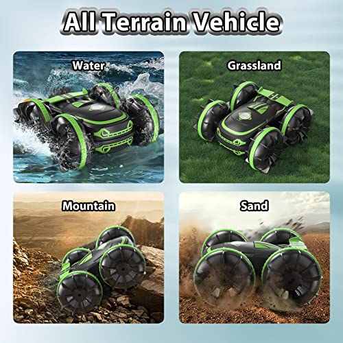 Arulis Amphibious Remote Control Car, 2.4Ghz 4WD Double Sided 360° Rotating RC Stunt Car, Remote Control Boat with Gesture Sensor, Toy Cars Gifts for 3 4 5 6 7 8+ Year Old Boys, Pool Water Beach Toy