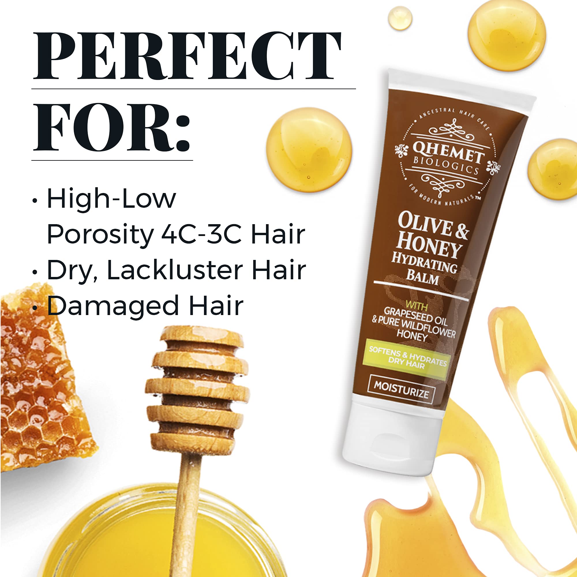 Qhemet Biologics Olive & Honey Hydrating Balm - Moisturizing Hair Balm for Smooth, Soft, Supple Hair - Leave In for Long-Lasting Hydration - Combats Dryness Instantly (4 oz)