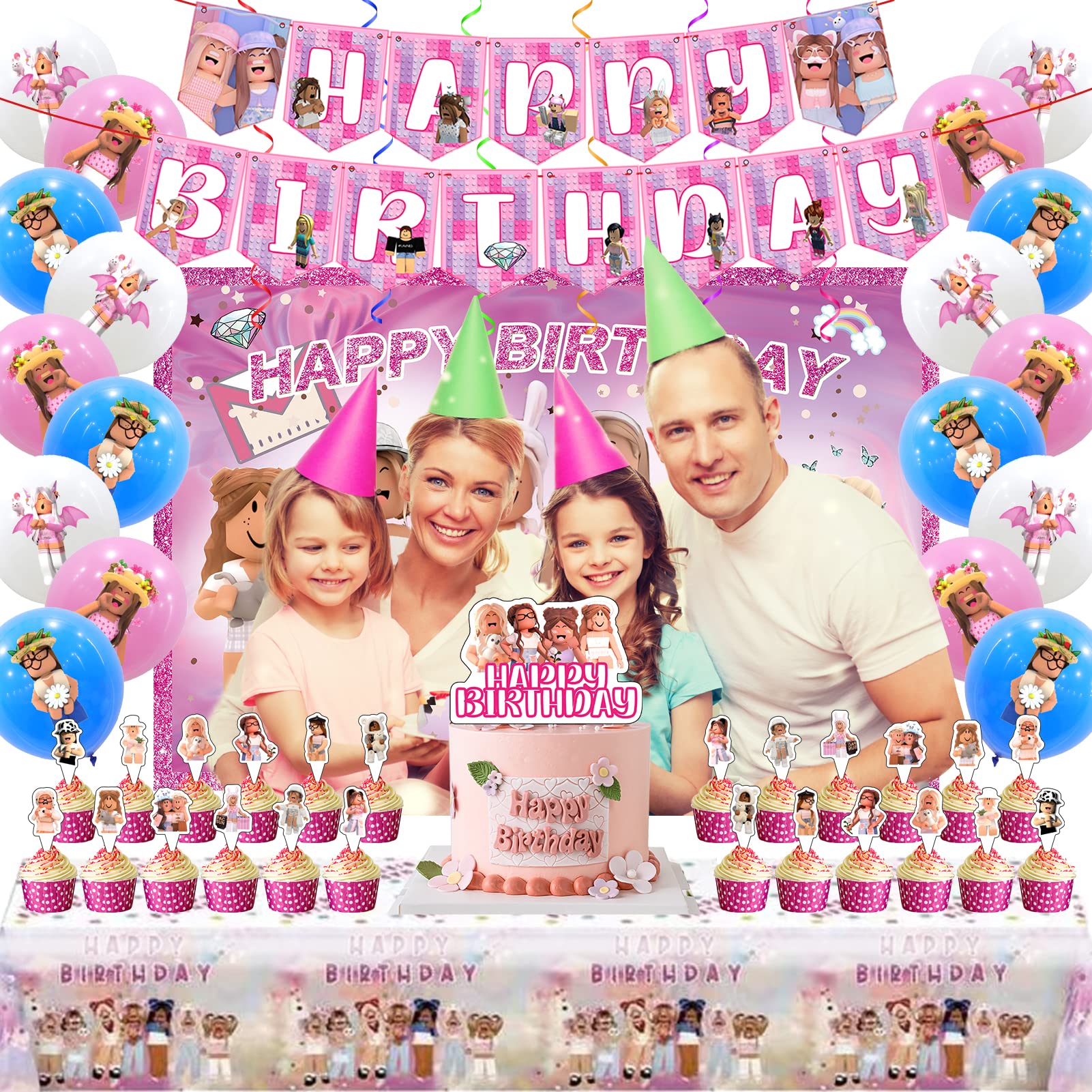 Birthday Party Supplies, Party Decorations Include Happy Birthday Banner, Backdrop, Tablecloth, Cake Toppers, Hanging Swirls, Cupcake Toppers, Latex Balloons
