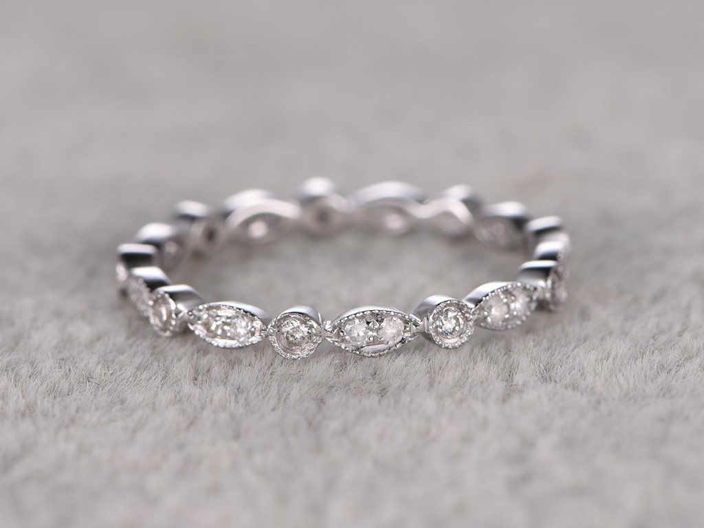 3pcs 14k White Gold Promise Band Set,Natural Blue Sapphire Diamond Art Deco Antique Bridal Rings Sets