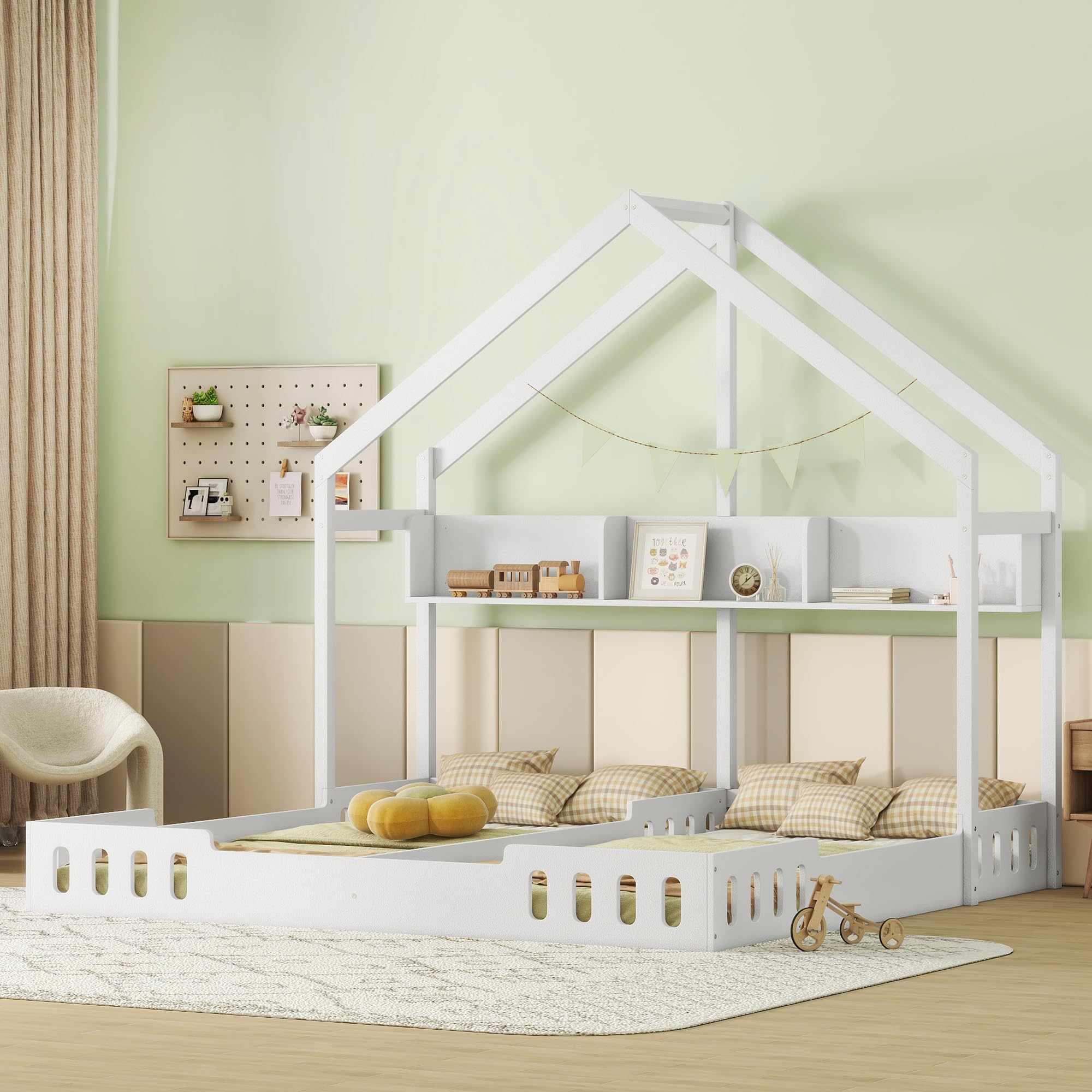 Harper & Bright Designs Twin House Bed for Kids,Wood Double Twin Beds Frame with Shelves and Guardrail, Monressori Floor Bed Two Shared Beds with Rails for Girls or Boys, Creamy White