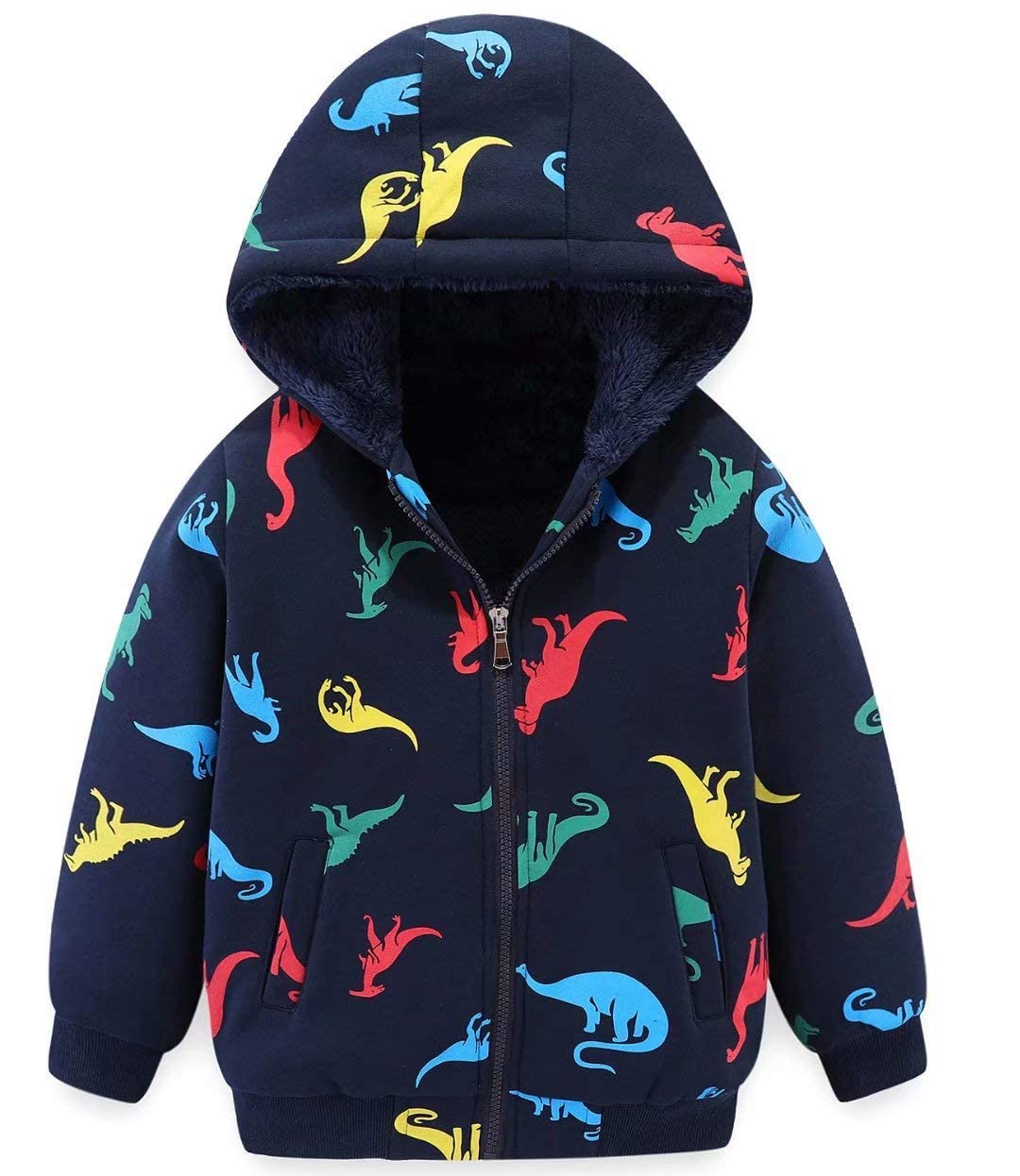 Funnymore Toddler Boy's Sherpa Fleece Lined Jacket,Navy Dinosaur Spring Fall Winter Warm Hoodie Coat Clothes 2t