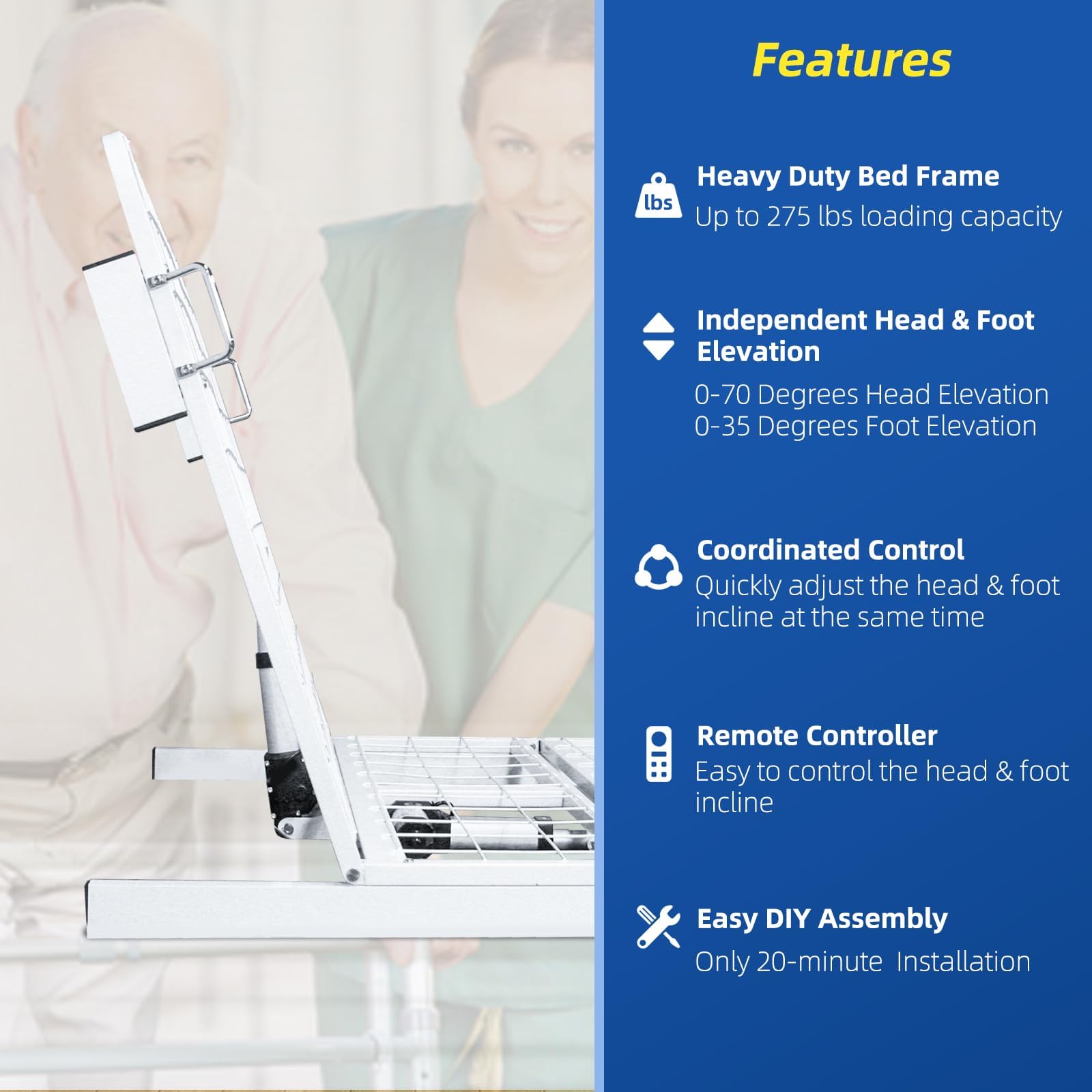 Twin Adjustable Bed Frame with Head and Foot Incline, No Legs, Electric Bed Frame with Wired Controller- Place it on Your existing Bed - Adjustable Bed for Seniors, Elderly & Handicap, Homecare Bed