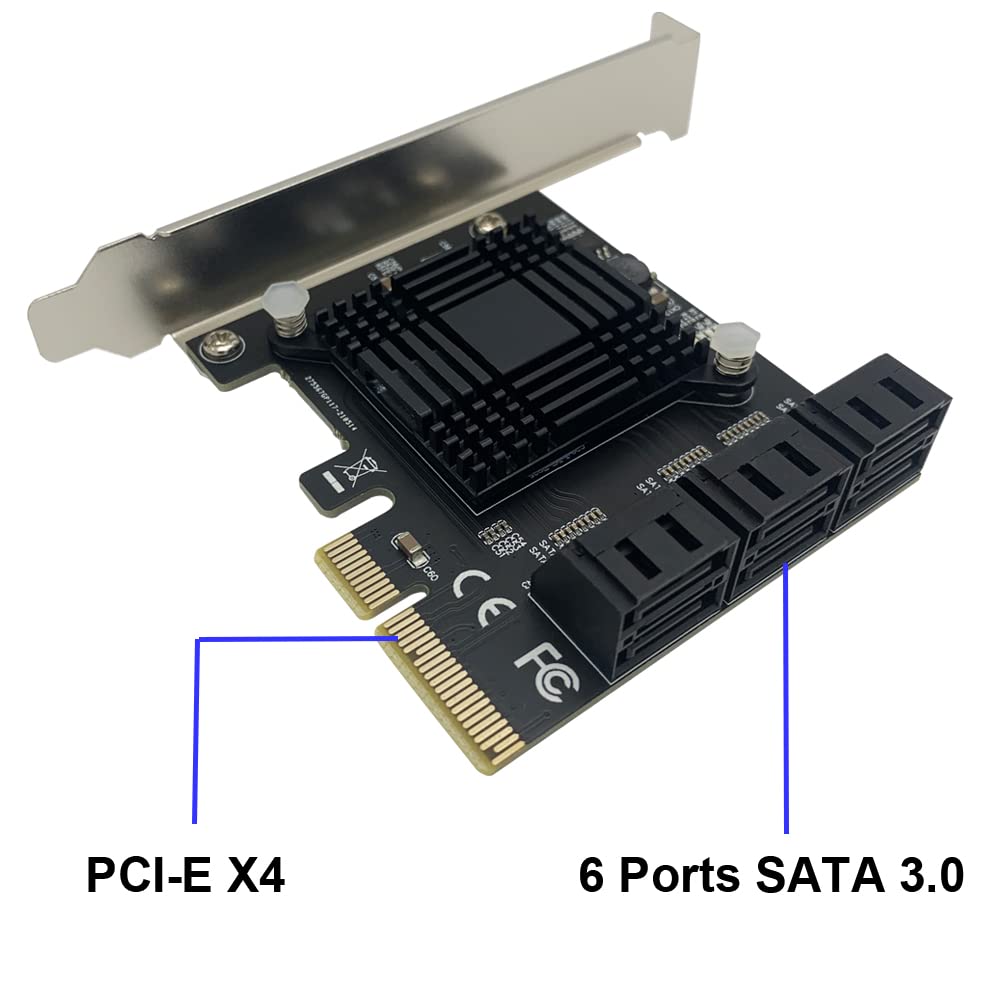 PCI-E SATA Expansion Card 6 Ports PCIe x4 to SATA 3.0 6Gbps Expansion Controller Adapter Card with 6 SATA Cables and Low Profile Bracket, Non-Raid(ASM1166) (PCIE X4 SATA 6 Ports)