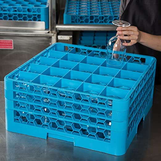 Carlisle FoodService Products OptiClean Plastic 25-Compartment Divided Glass Rack, Blue, (Pack of 2)