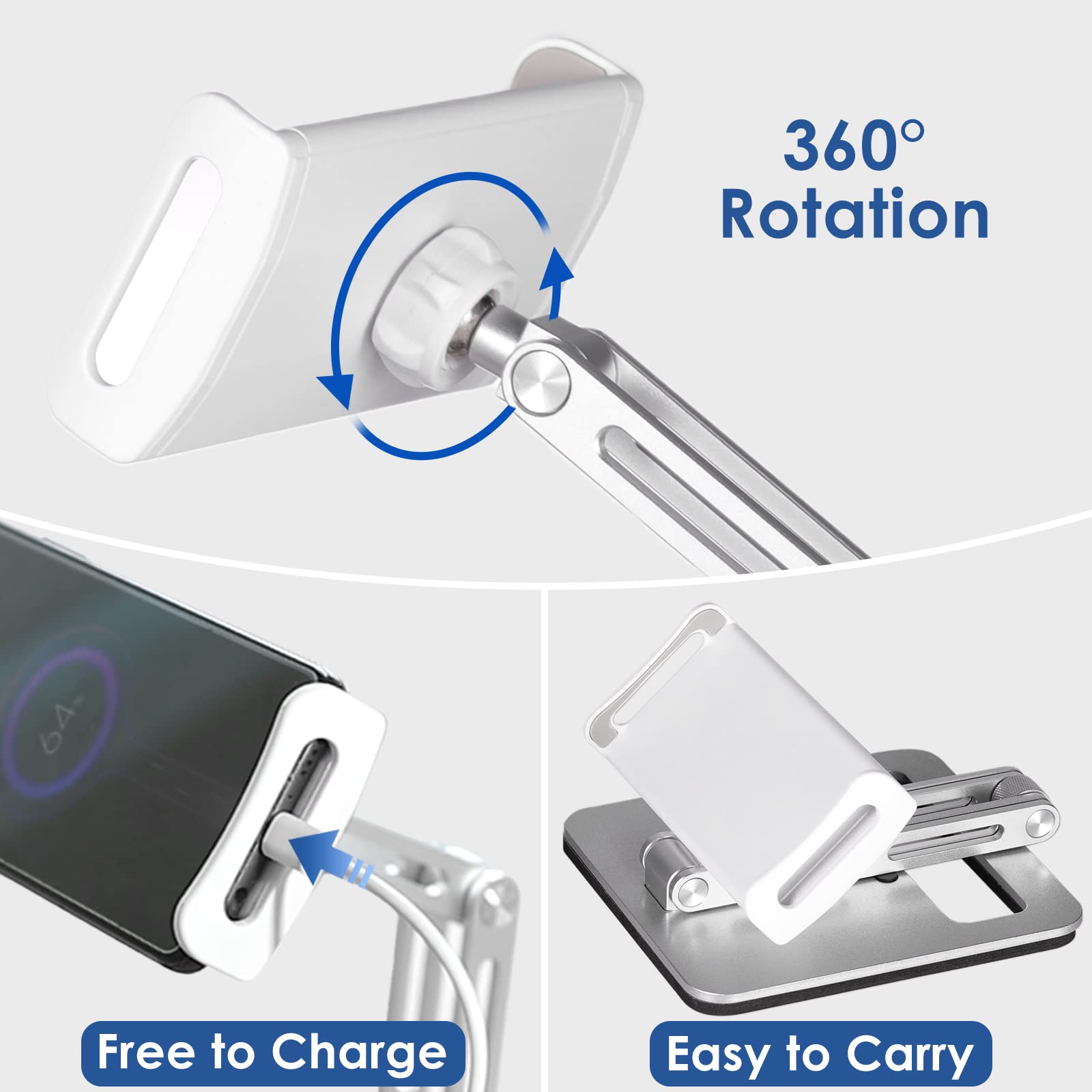 Yoobao Tablet Stand Holder, [Tightness Adjustable] 360° Swivel Foldable Aluminum iPad & Phone Stand for Desk with Heavier Base, Fit for 4.7"-12.9" Microsoft Surface Pro/iPad- Silver