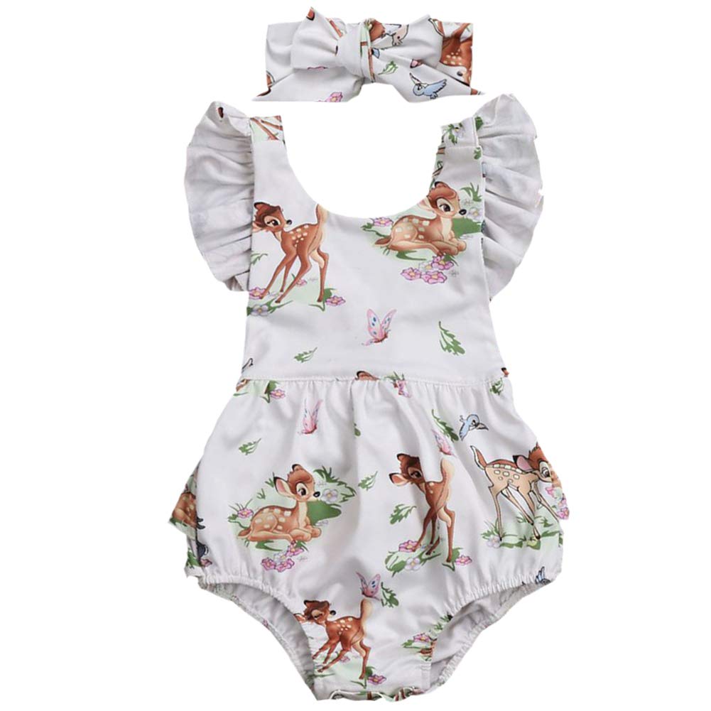 Newborn Baby Girls 1st Birthday Christmas Outfit Bambi Romper Ruffle Flutter Sleeve Bodysuit Summer Backless Sunsuit with Bowknot Headband Party Dress Clothes 2pcs Set for Photo Shoot White 0-6M