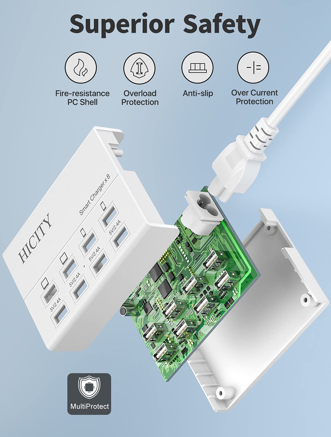 USB Charging Station, 8-Port USB Charger Hub 50W/10A Multi Port Charger for Phone iPad Tablet Multiple Devices (5ft Detachable Cord, White)