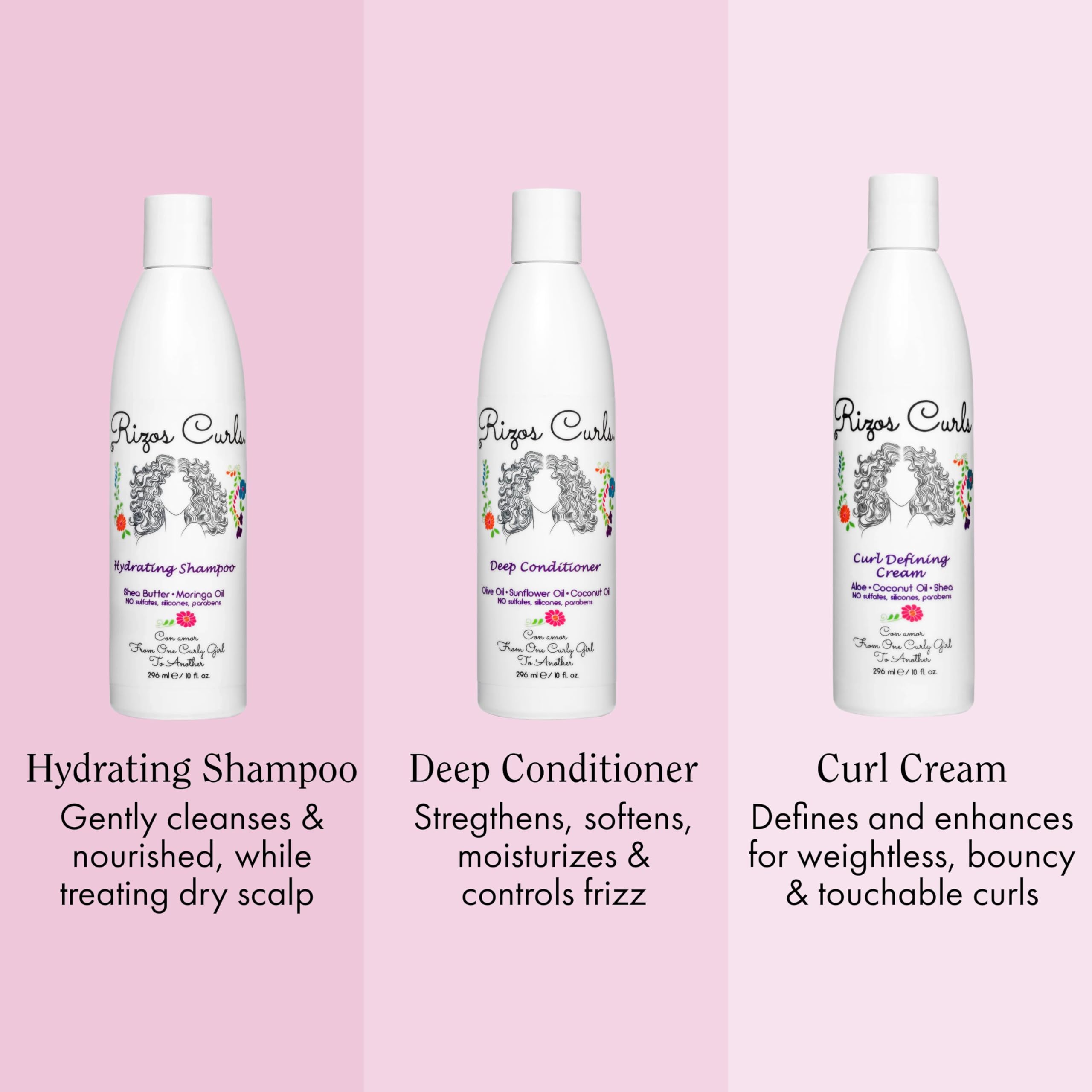 Rizos Curls Trio Bundle, Hydrating Shampoo & Deep Conditioner & Curl Cream Bundle, Gently Cleanse and Hydrate Curly Hair, Style & Define Curls for Frizz Free Volume, For All Curl Patterns 2a - 4c