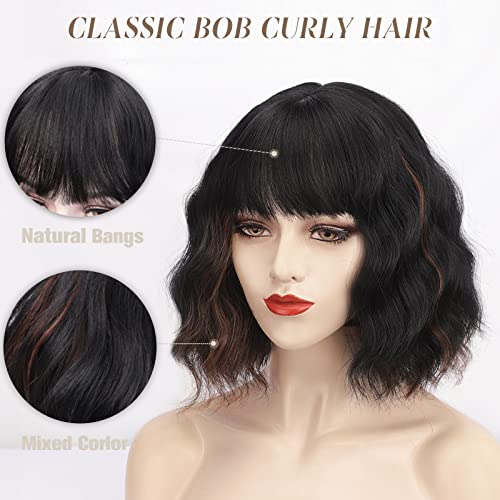 ENTRANCED STYLES Wavy Bob Wigs with Bangs for Women Black Mixed Brown Short Wavy Bob Curly Wig Synthetic Natural Looking Heat Resistant Fiber Wig