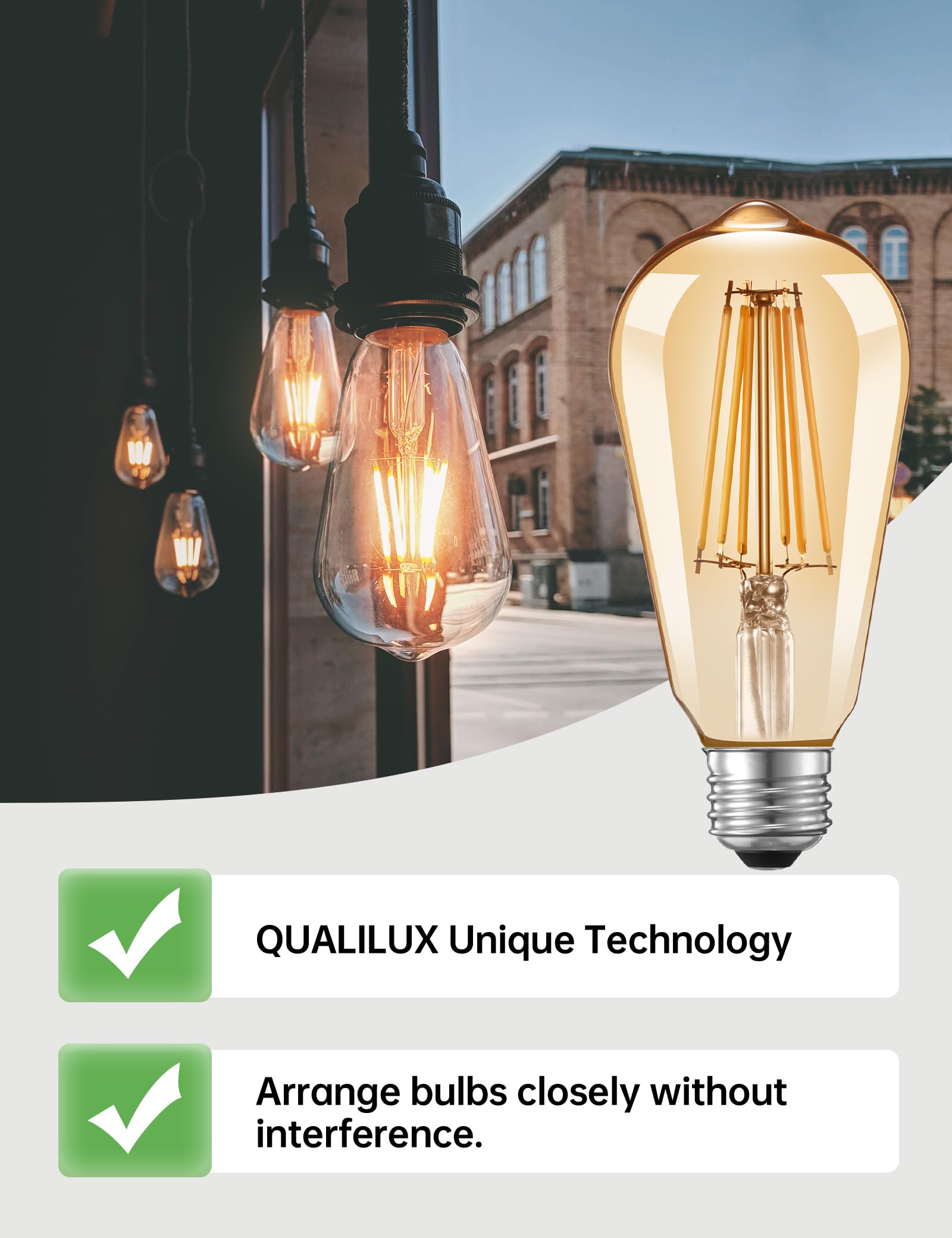 Qualilux Dusk to Dawn Edison Light Bulbs ST58(ST19), Vintage Amber Glass, Warm Light, 6.5W=60W, Non-Dimmable Auto On/Off Light Sensing LED Filament Bulb Outdoor, 700LM, E26, 2-Pack, HQ-H027