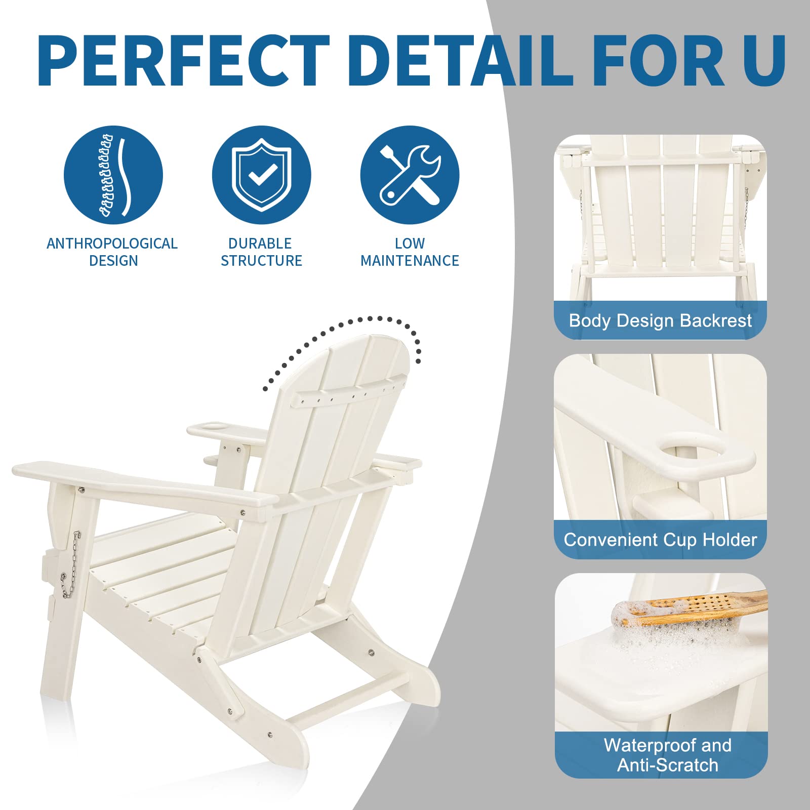 VINGLI Plastic Adirondack Chairs Set of 4, Folding with Cup Holder, Waterproof HDPE Material, Comfortable 380lb Weight Capacity for Outdoor Pool Patio Lounge Chair Lawn Furniture Firepit (White)