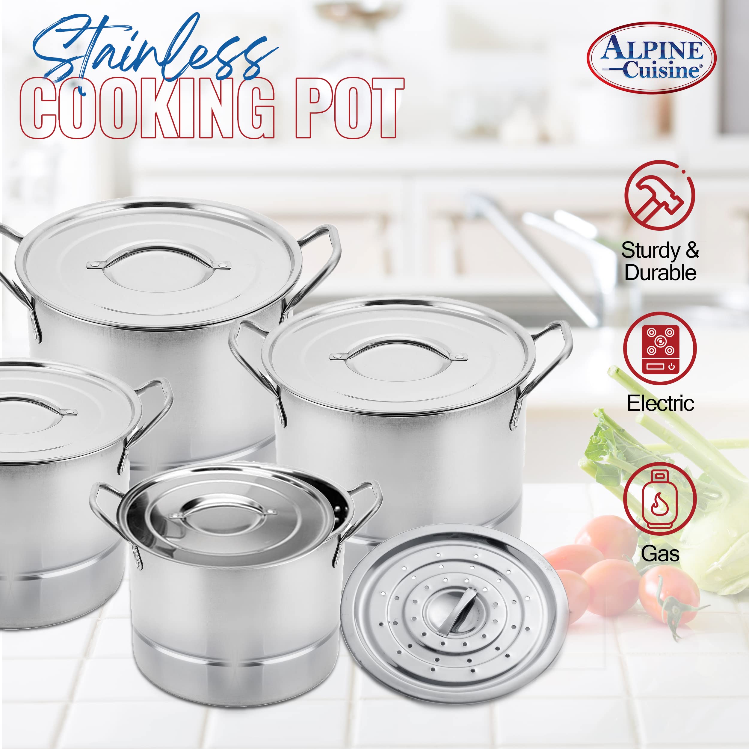 Alpine Cuisine 12 Piece Stainless Steel Stock Pot Steamer Set 6.5/9.5/12/16 Quart