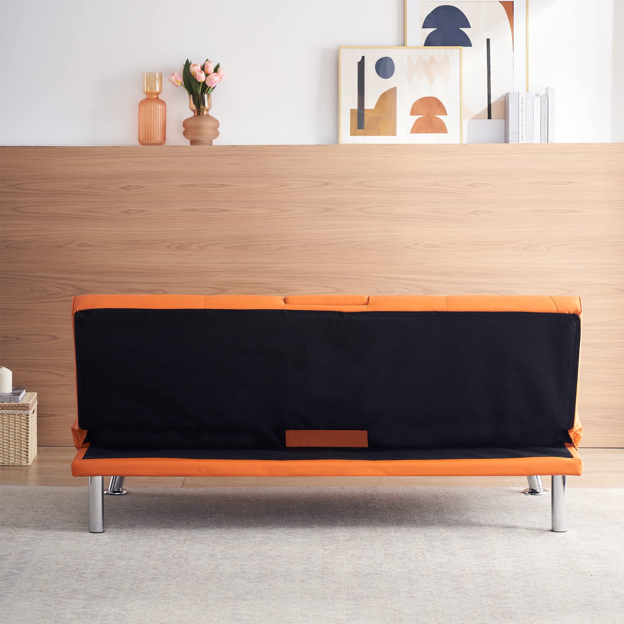 Anwickhomk 67" Multifunctional Double Folding Sofa Bed with 2 Cup holders,Leather Couch Loveseat Sleeper with Removable Armrests,Convertible Folding Couches Bed for Office Small Spaces (Orange)