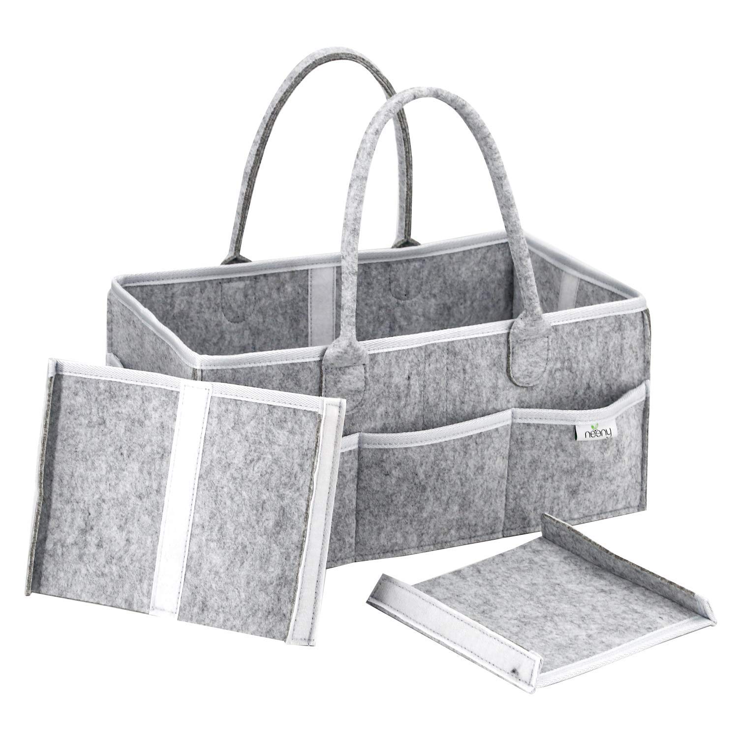 NEENY Baby Diaper Caddy Organizer β Portable Changing Table Storage Basket β Soft Felt Grey Nappy Bag Adjustable Compartments β Wipes Bottle Nursing Home & Car Travel β FREE Cotton Bib & Pacifier Clip