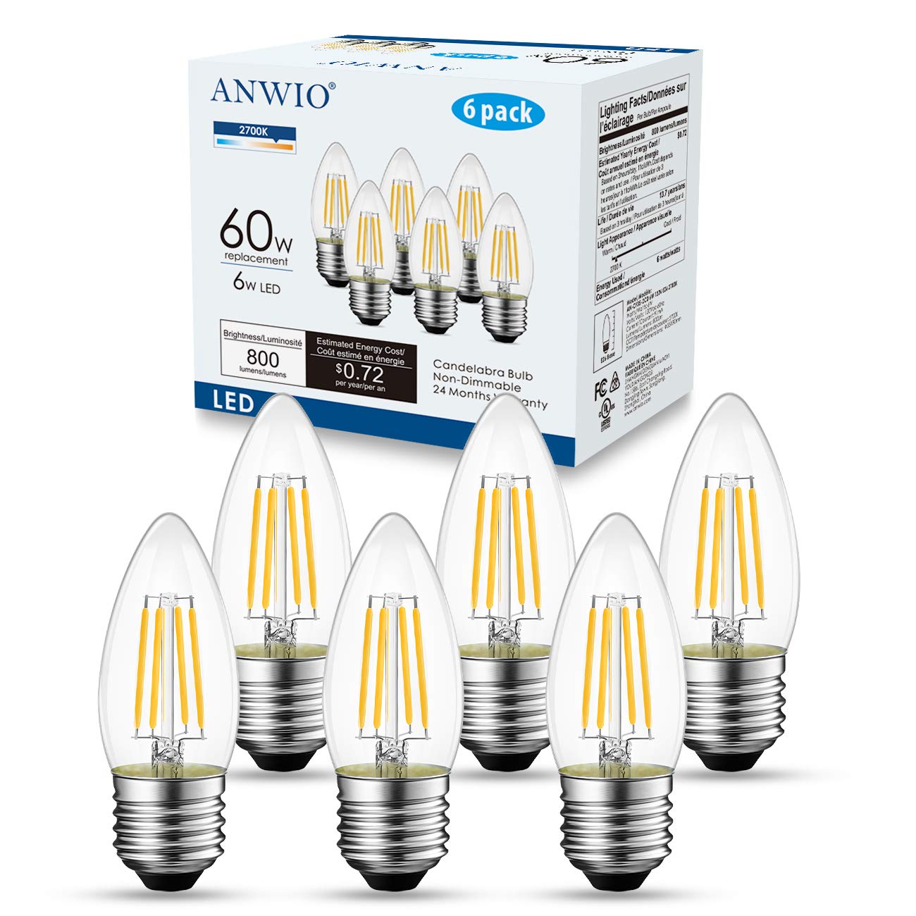 ANWIO B11 Filament Bulb E26 Base Non-Dimmable 6W(60W Equivalent) 2700K Warm White Chandelier Decorative Candle Light Bulb 6 Pack