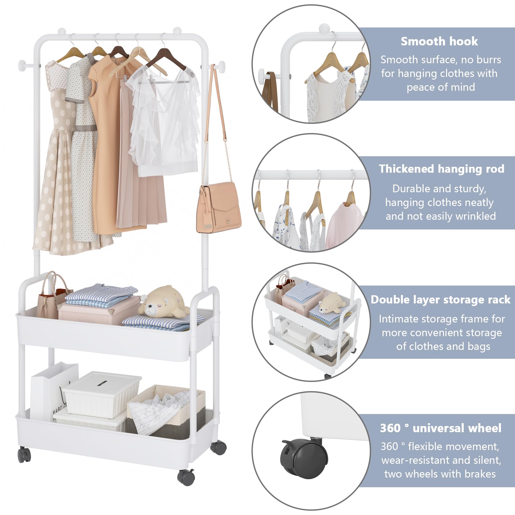 ACCSTORE Metal Clothing Racks, Freestanding Trolley Coat Rack With Wheels,Garment Rack For Storage,Clothes Rack,Heavy Duty Clothing Rack,Garment Racks With 2 Tier Plastics Storage Shelf,White