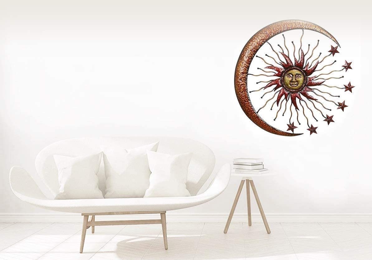 Bellaa Metal Wall Art Sun Moon Stars Indoor Crescent Celestial Outdoor Hanging Garden Home Decor Large 24 inch