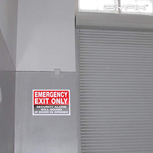iSYFIX Emergency Exit Only Stickers – 2 Pack 10x7 Inch – Premium Self-Adhesive Vinyl, Laminated UV, Weather, Scratch, Water & Fade Resistance, Security Alarm Will Sound if Door is Opened Signs
