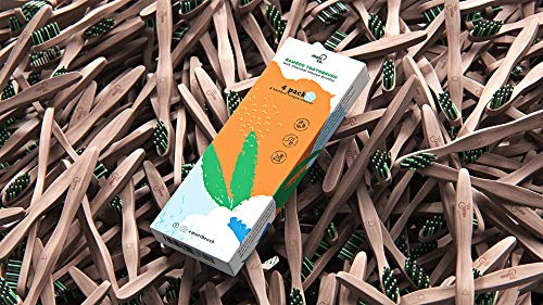 MOTI CO. Bamboo Toothbrushes 4 Pack - Tongue Cleaner Gift Inside - Soft Charcoal Bristles - Eco-Friendly and Biodegradable - Healthier Teeth and Planet