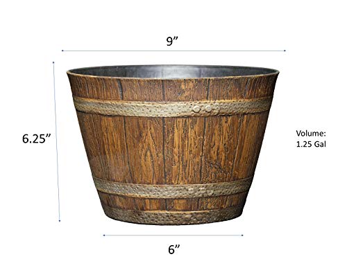 Classic Home and Garden Whiskey Resin Flower Pot Barrel Planter, Oak Brown, 9"