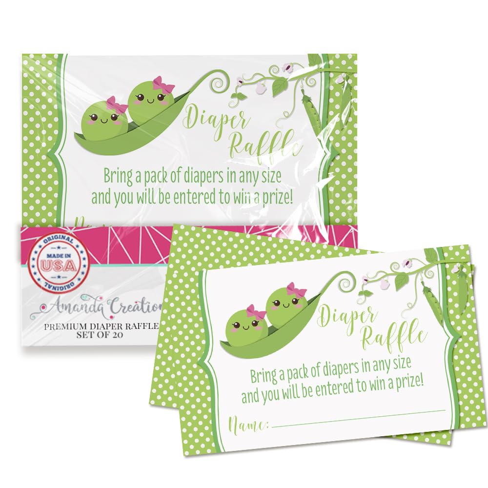 Two Peas In A Pod Twin Girls Diaper Raffle Tickets for Baby Showers, 20 2" X 3” Double Sided Insert Cards for Games by AmandaCreation, Bring a Pack of Diapers to Win Favors & Prizes!