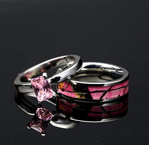 4pcs His Hers Camo Pink Radiant Stainless Steel Sterling Silver Wedding Ring Set (Size His 11, Hers 10)