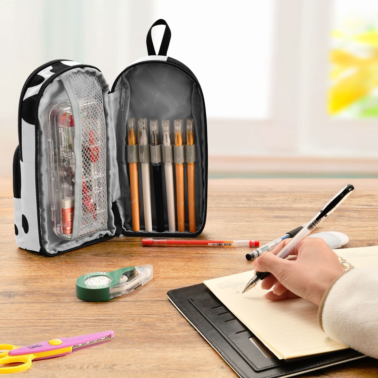 Black Cow Skin Pencil Case Big Capacity Pen Bag with Compartment Students Schoolbag Shape Stationery Organizer Pencil Pouch Marker Case for School Office Work