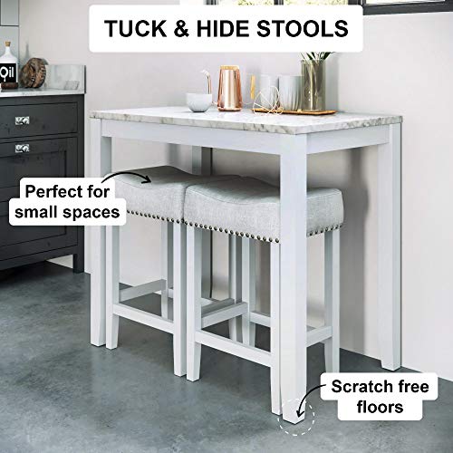 Nathan James Viktor 3 Piece Dining Set, Heigh Kitchen Counter Pub or Breakfast Table with Marble Top and Fabric Wood Base Seat, Light Gray/White