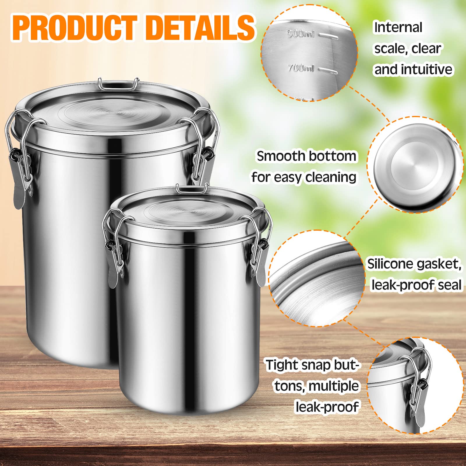 6 Pcs Stainless Steel Canisters Sets for Kitchen Counter Airtight Food Storage Containers with Lids Metal Coffee Tea Sugar Flour Canisters Bulk 17.6 oz, 33.8 oz