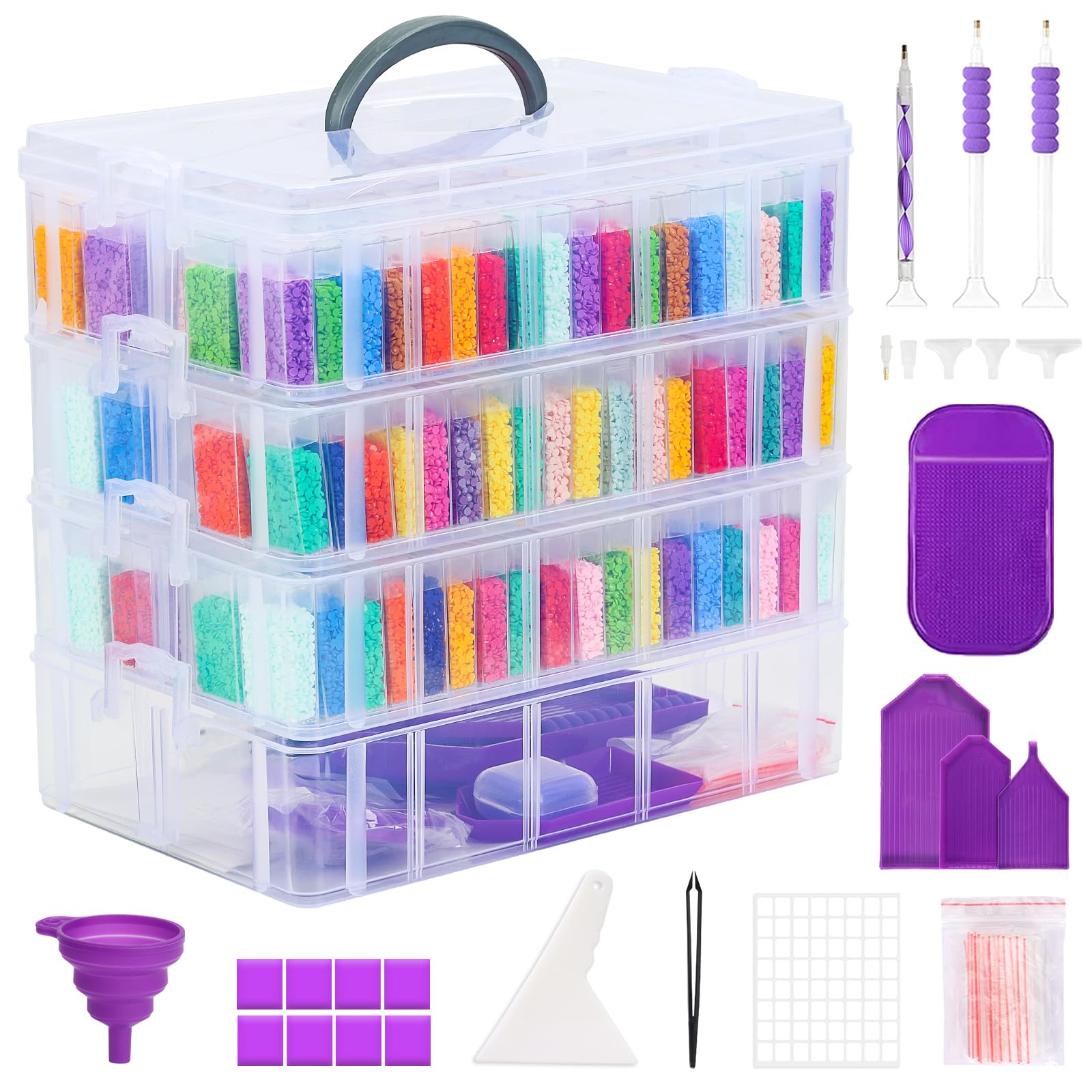 QUEFE 264 Slots 4-Tier Diamond Painting Storage Container Clear Stackable Bead Organizer with Diamond Painting Accessories and Tools for DIY Diamond Art Craft Jewelry Bead Storage