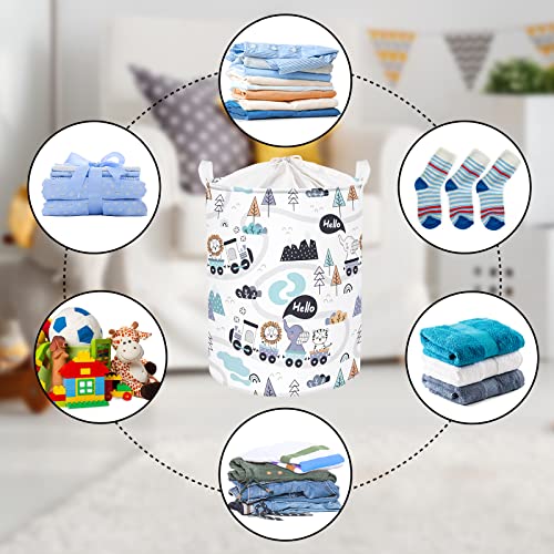 Clastyle 45L Urban Traveling Animals Elephant Nursery Laundry Basket Lion Tiger Train Round Toy Clothes Storage Basket for Kindergarten, 14.2x17.7 in
