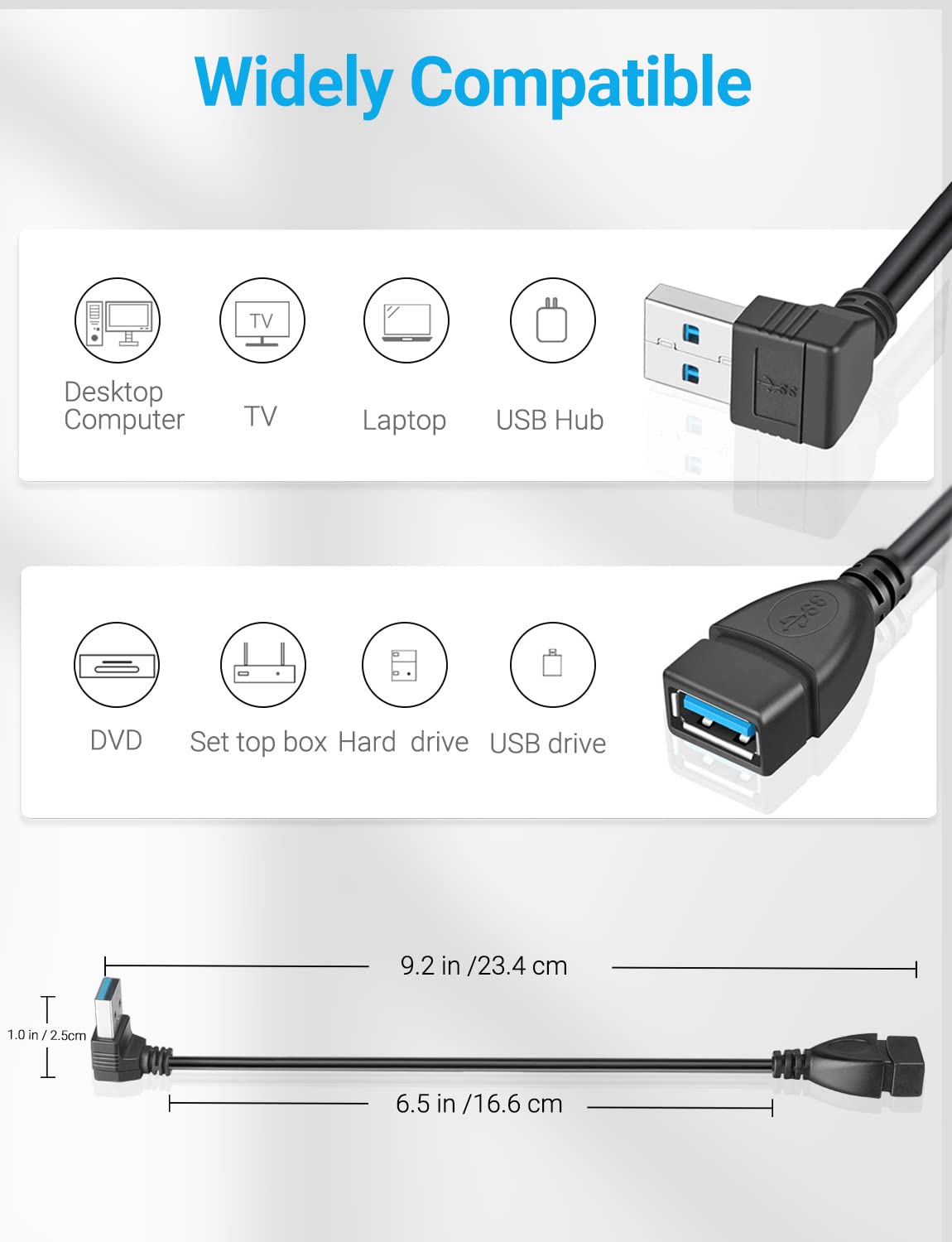 URWOOW 2 Pack SuperSpeed USB 3.0 Angle Male to Female Extension Cable 6 Inch Convertor Adapter Extender Cord Up Angle and Down Angle one Each