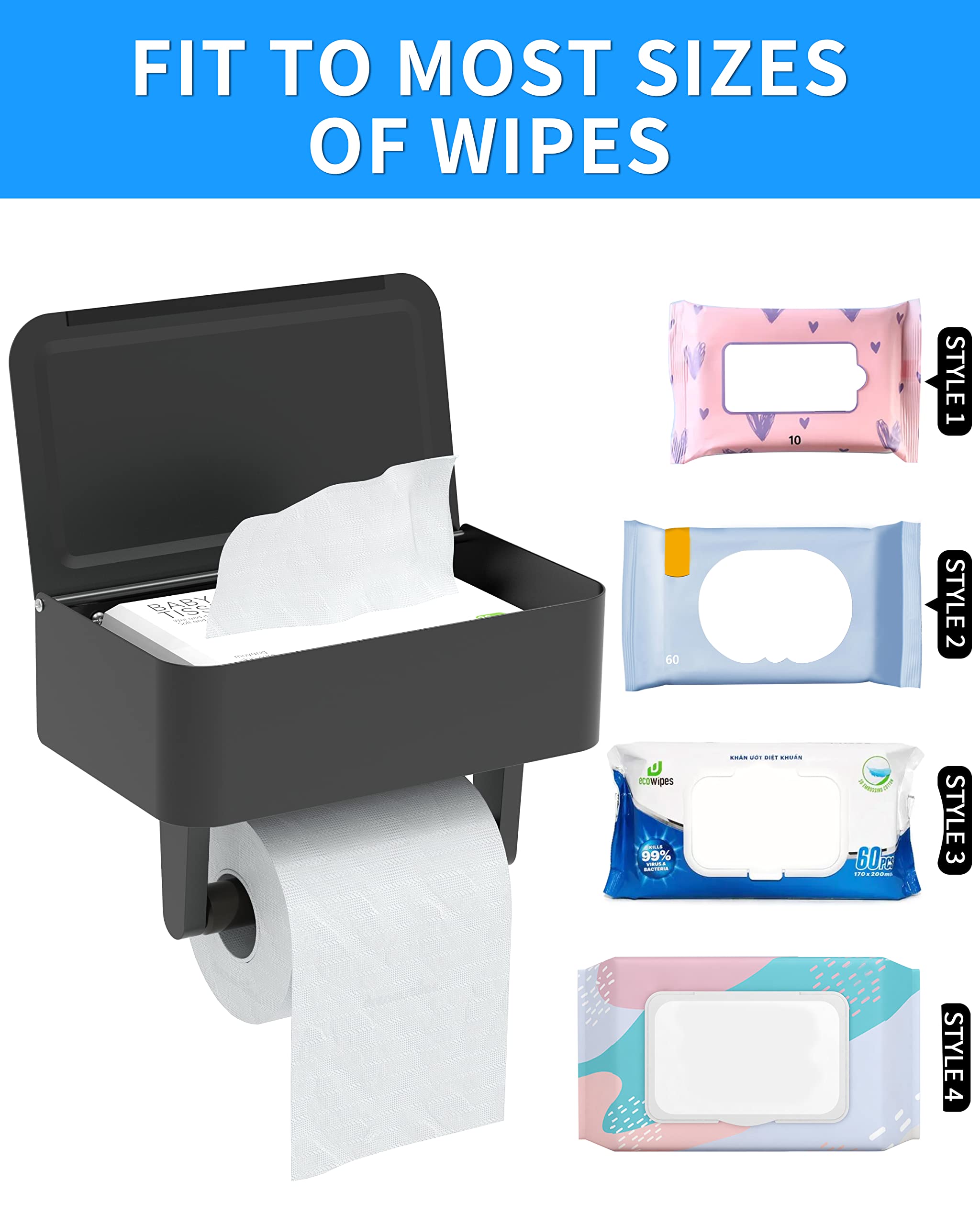 WZKALY Toilet Paper Holder with Shelf - Flushable Wipes Dispenser & Storage Fits Any Bathroom, Keep Your Wet Wipes Hidden - Stainless Steel Wall Mount Bathroom Organizer -(Matte Black, Regular roll)