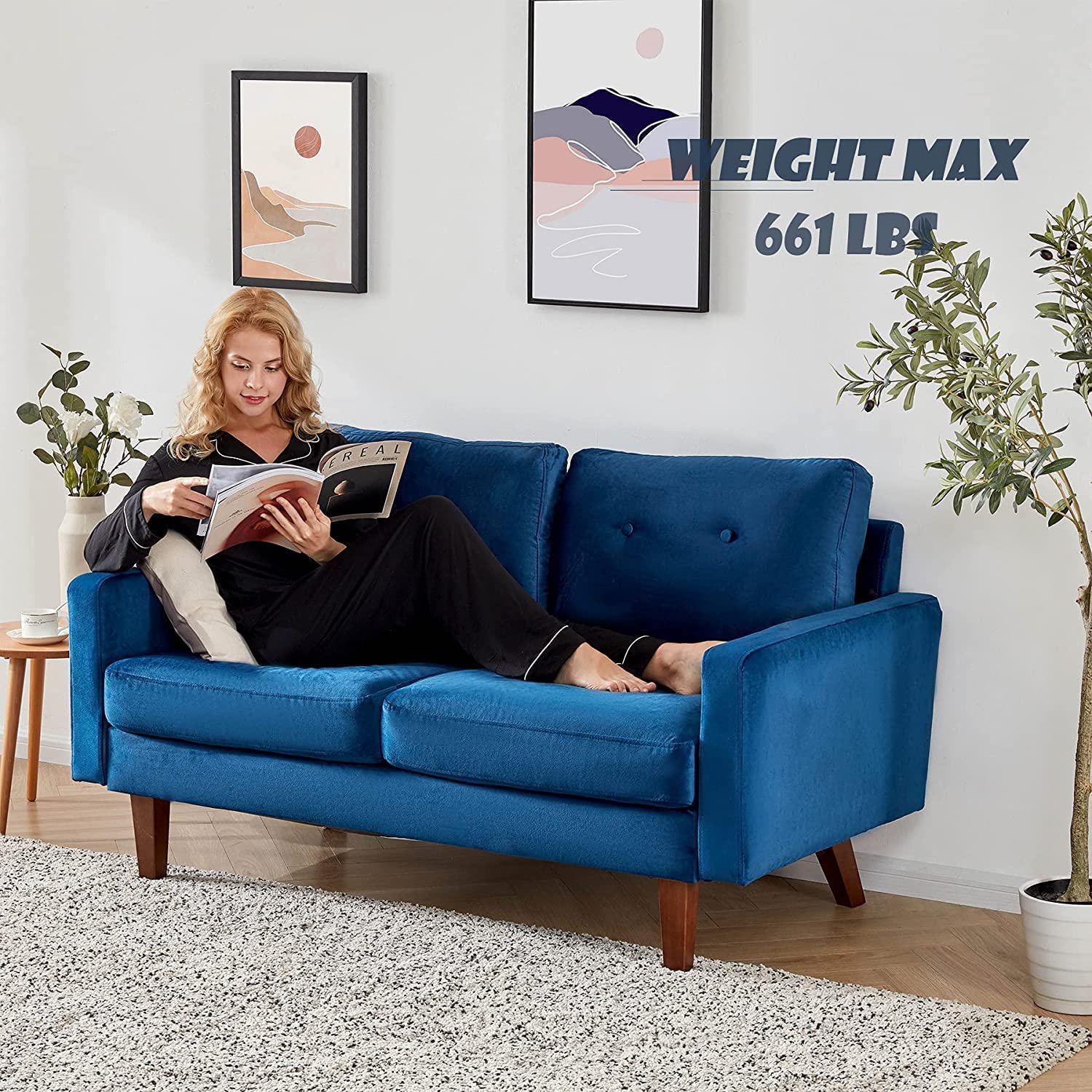 Bettermade Loveseat Sofa,Futon Sofa for Living Room, Velvet Cover Modern Design Couch,Tools-Free Assemble,2 Seats with 600 LB Load,Blue