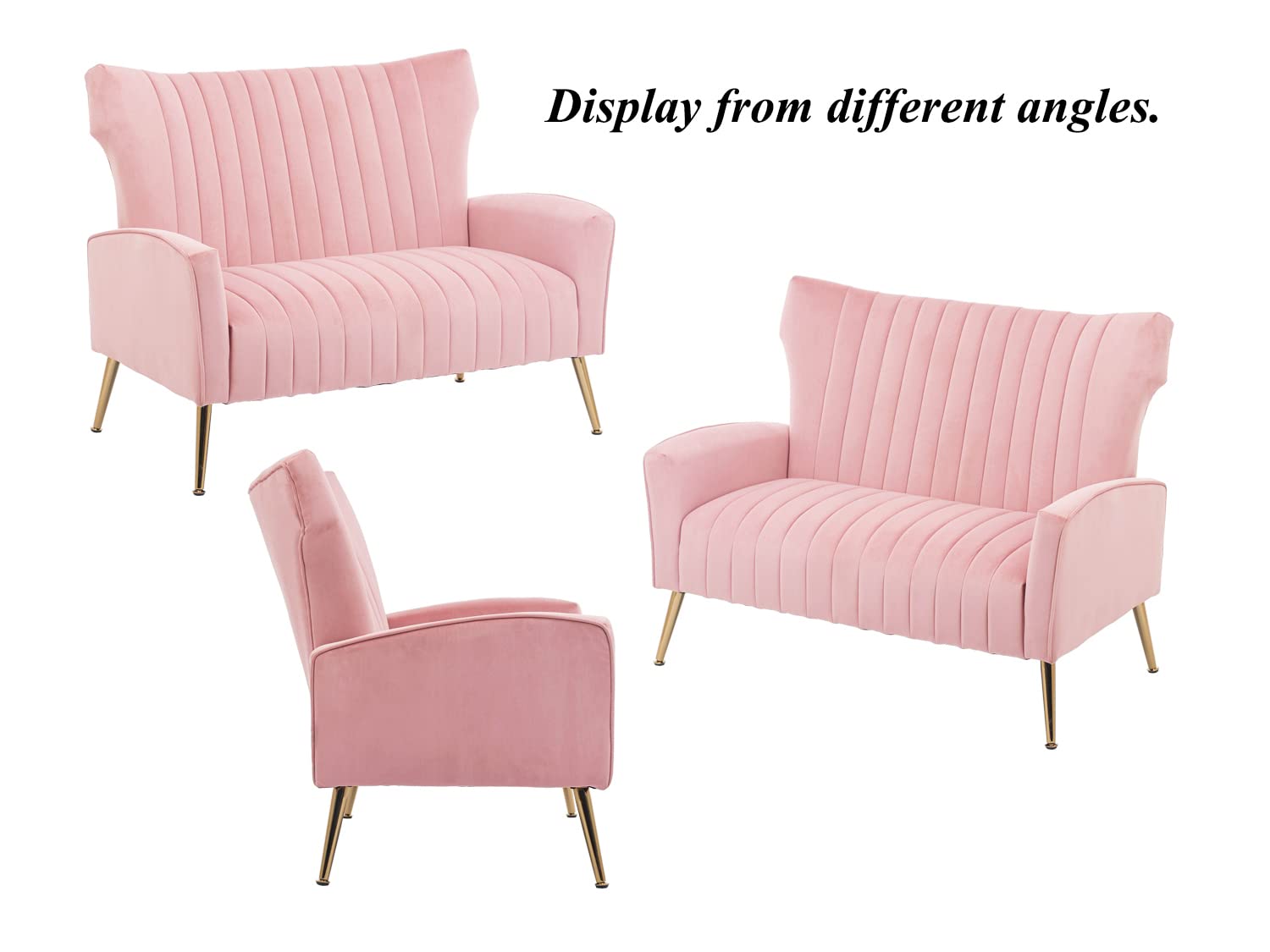 Altrobene Velvet Couch Modern Wingback Loveseat Tufted Luxury Sofa with Gold Legs for Living Room/Bedroom, Light Pink