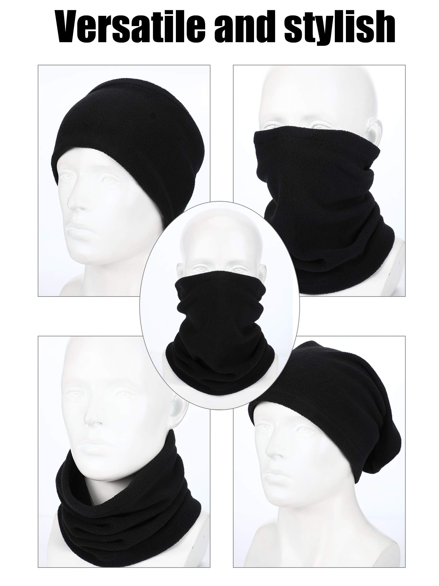 6 Pieces Winter Neck Warmers Fleece Gaiter 3 in 1 Beanie Hat Windproof Neck Scarf with Drawstring for Men Women (Black, Large)