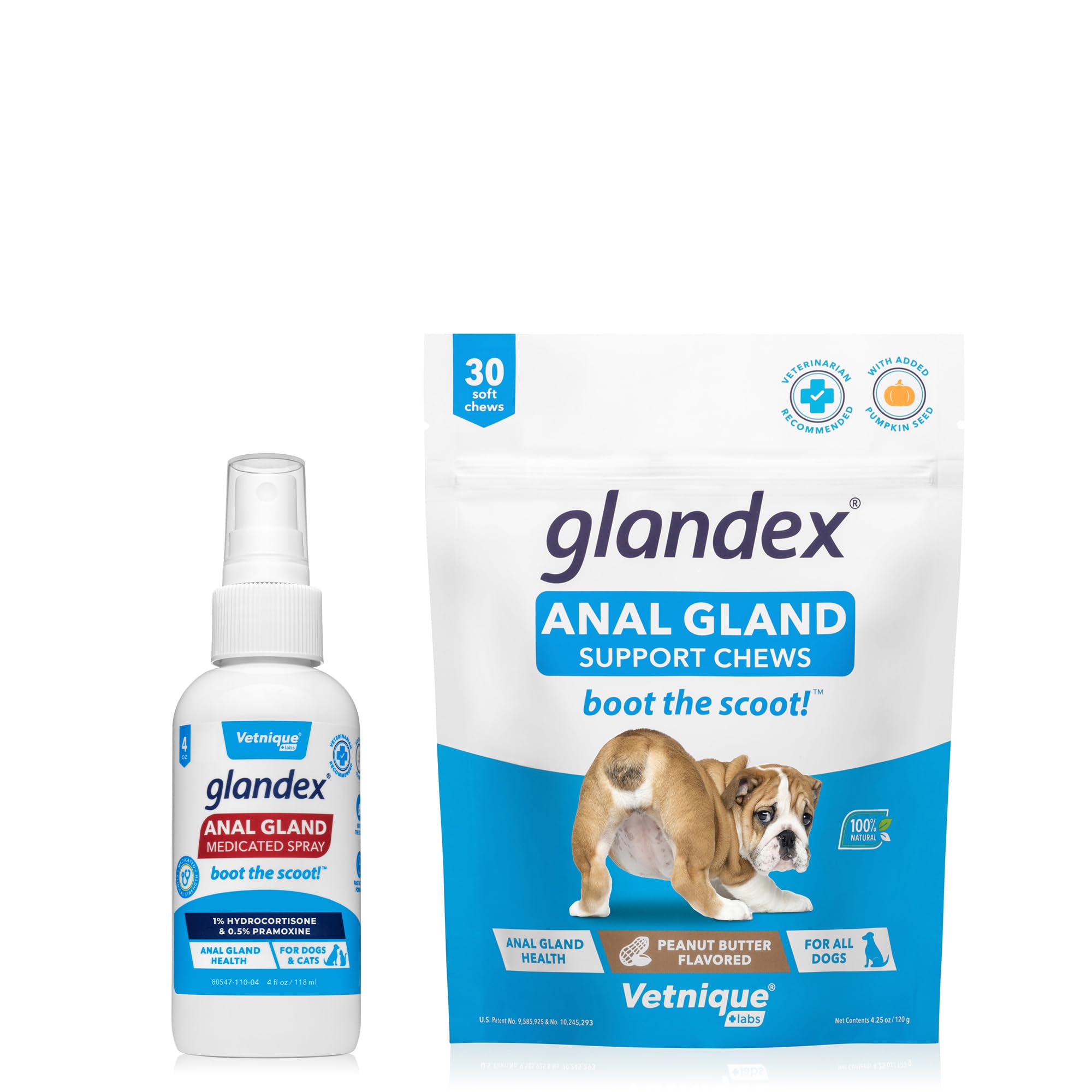 Glandex Medicated Spray for Dogs & Cats (4oz) and Glandex anal gland Support Chews 30 Ct Bundle Dog Deodorizing Spray & Anti-Itch Spray for Dogs, Dog Treats with Probiotics