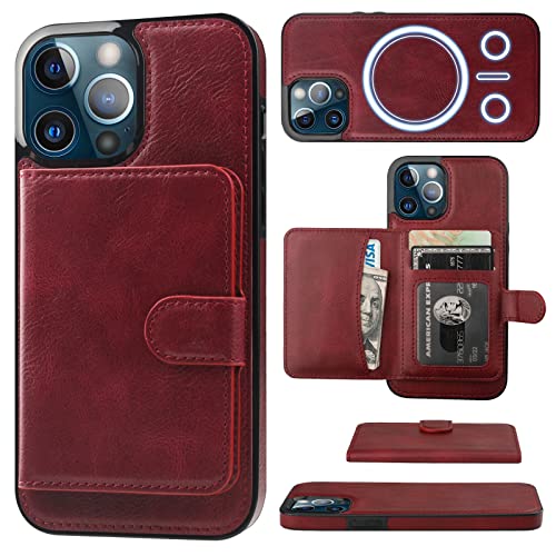 Bocasal Wallet Case for iPhone 13 Pro Max Compatible with MagSafe Magnetic RFID Blocking Detachable Premium PU Leather Flip Case with Card Slots Holder Kickstand Wireless Charging 6.7 Inch (Wine Red)