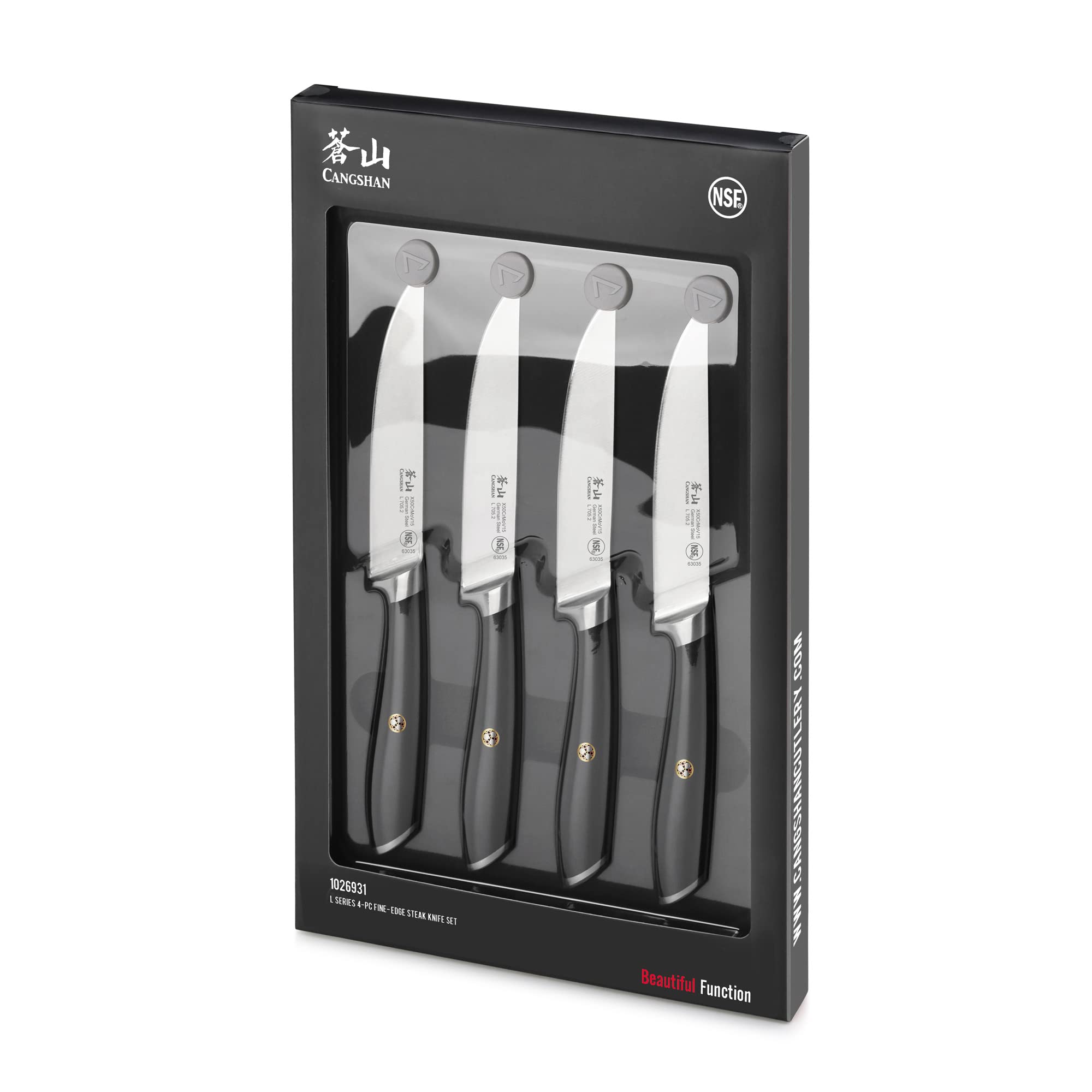 Cangshan L Series 4-Piece Fine-Edge Steak Knife Set, Forged German Steel, Black, 1026931