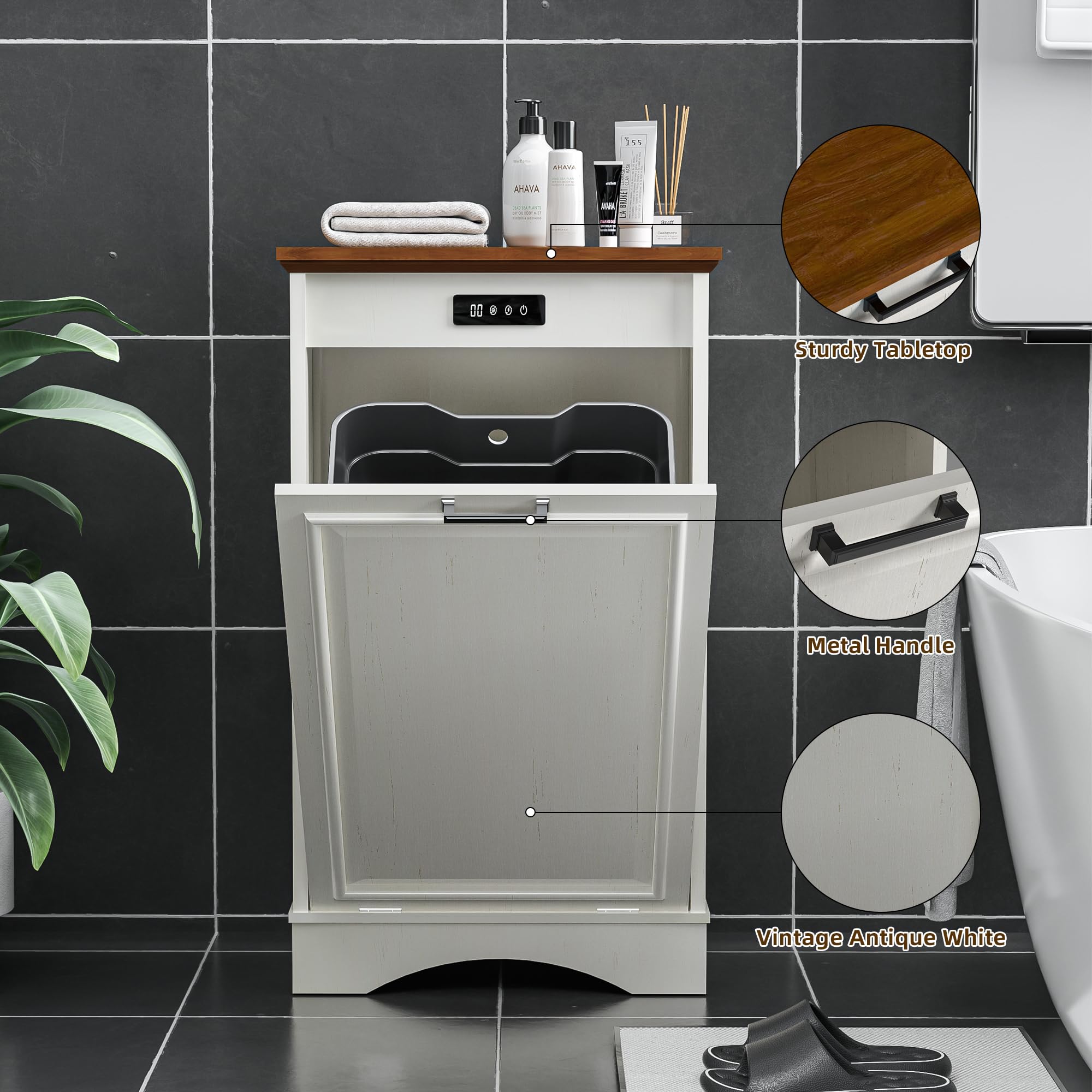 AHB 13 Gallons Tilt Out Trash Cabinet Free Standing Recycling Trash Cabinet with Deodorizing Function Hidden Kitchen Trash Cabinet Pet Proof Trash Can Holder for Kitchen Living Room, Antique White