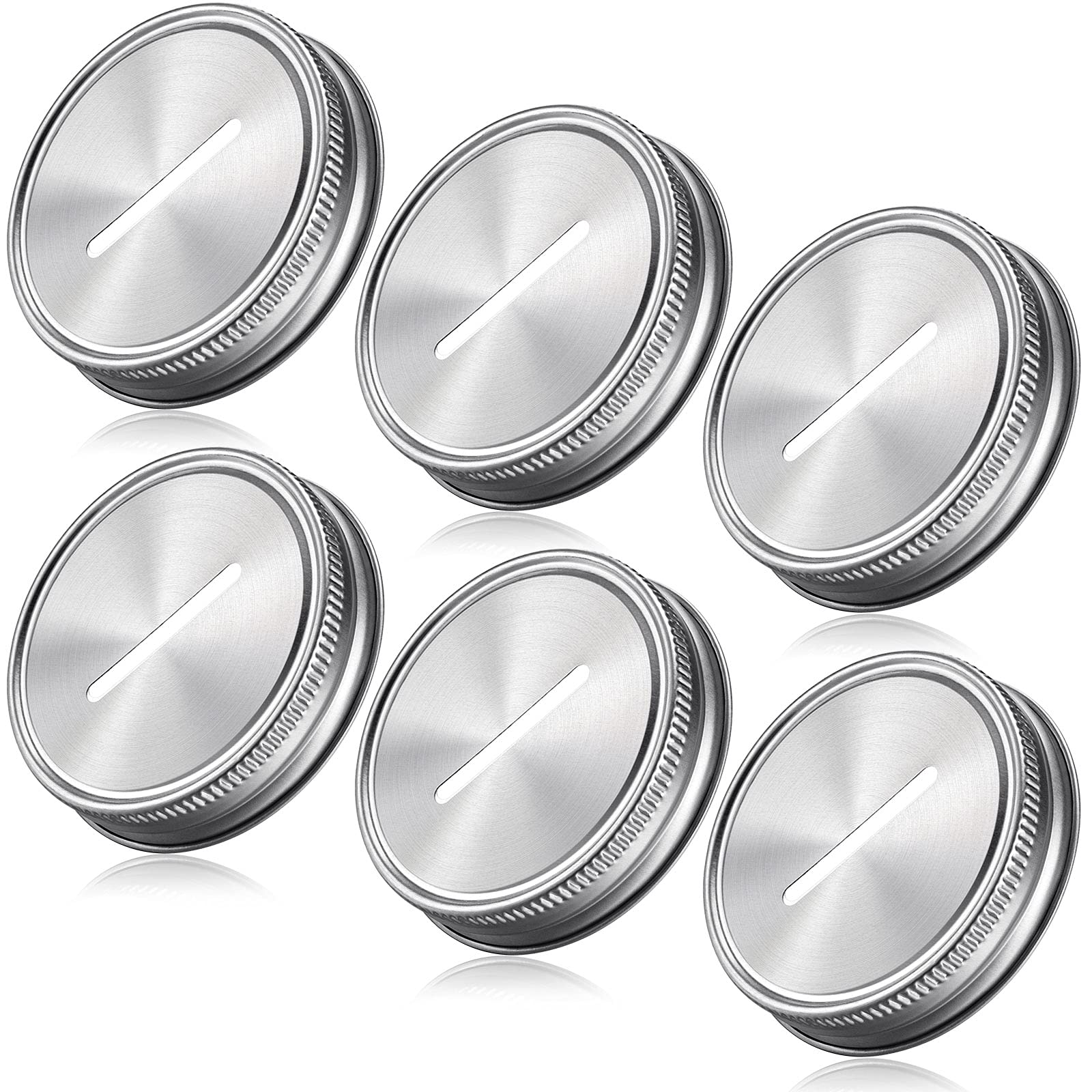 Stainless Steel Coin Slot Bank Lid Compatible with Mason Jars Canning Jars Money Saving Jars Metal Coin Slot Lid for Regular Mouth Ball, Canning Jars, 70 mm (6 Pieces)