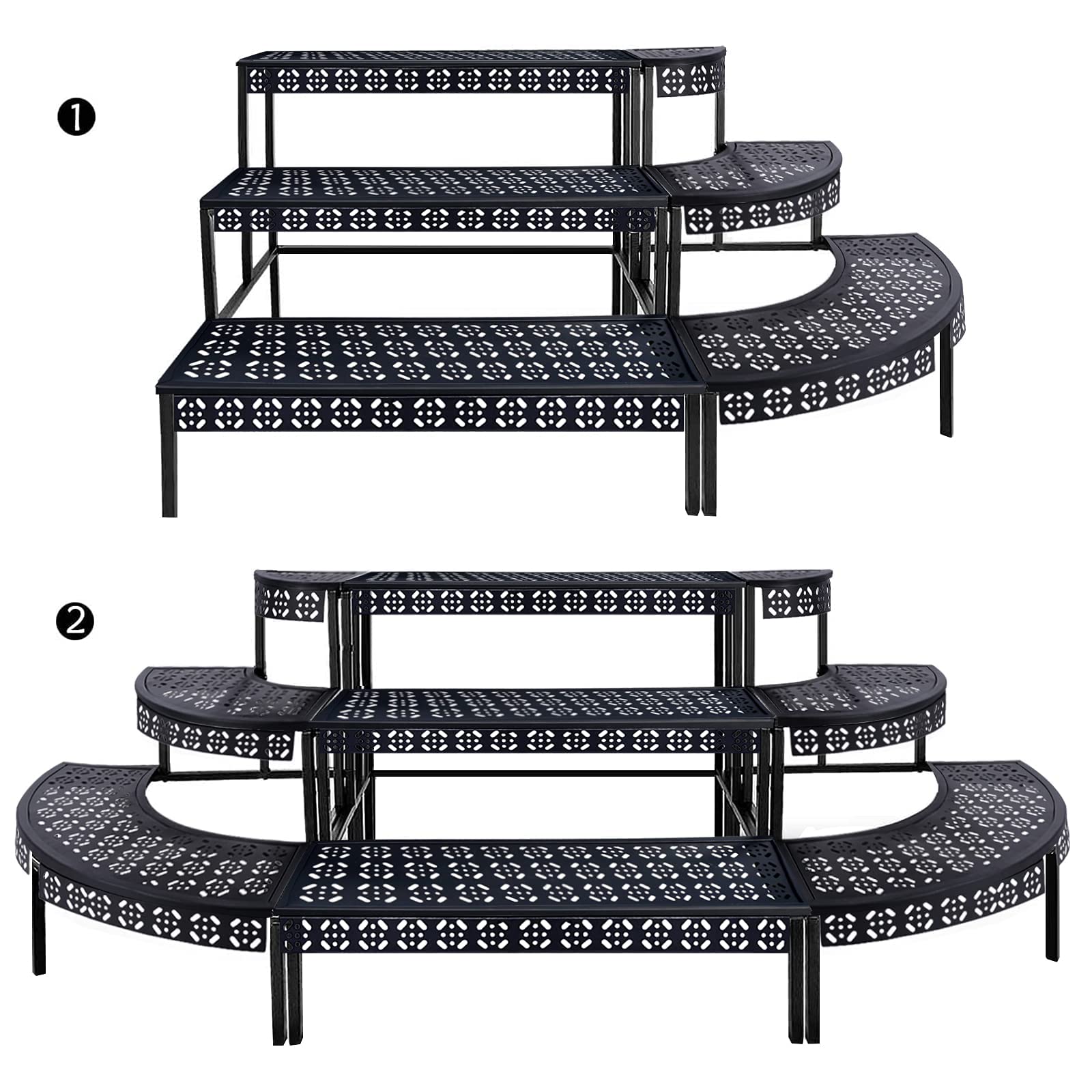 aboxoo 3 Tier Stair Style Large Metal Plant Stand, Garden Display Shelf Flower Pot Holder Storage Organizer Rack for Indoor Home Outdoor Patio Balcony Yard( Black, Rectangle)
