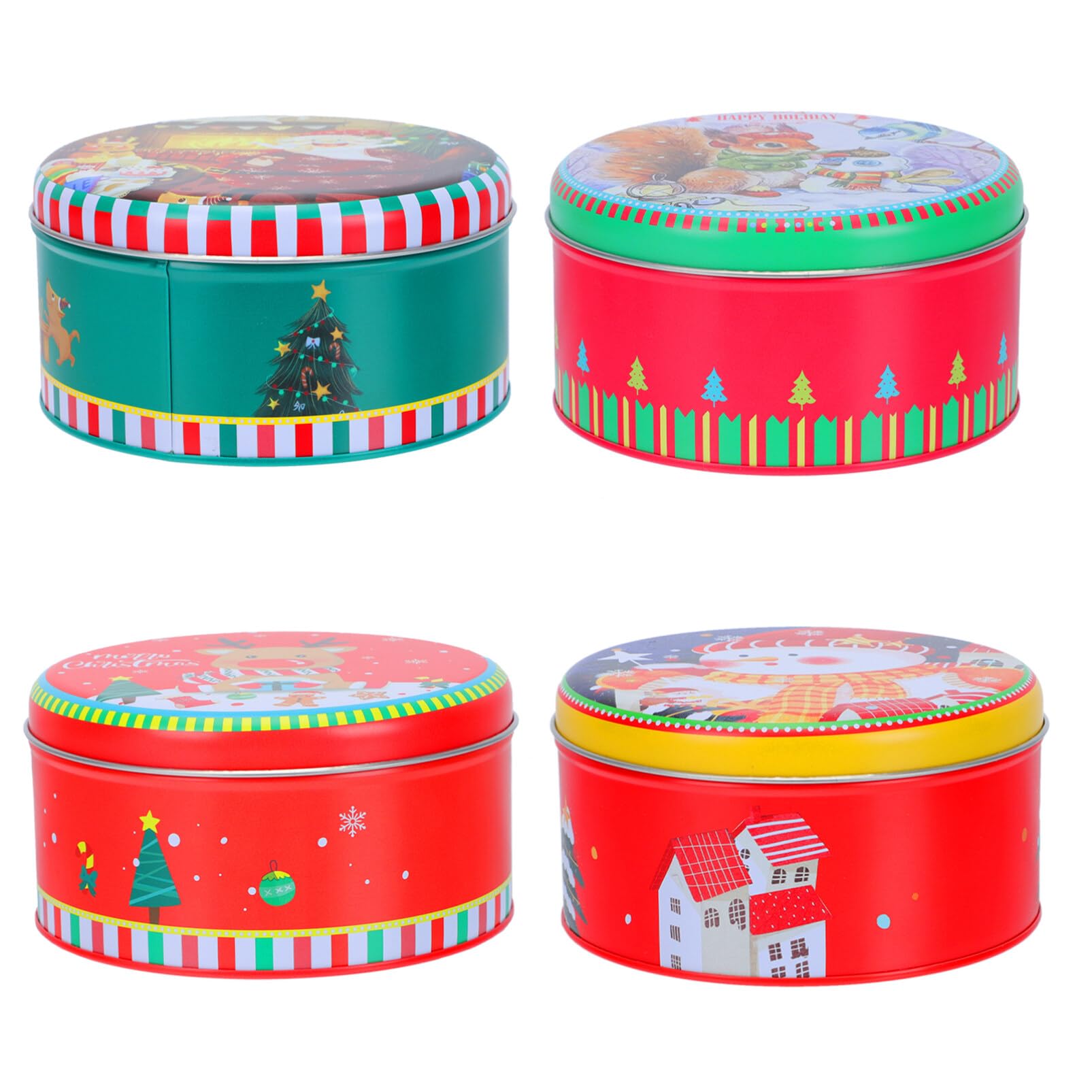 4pcs Round Christmas Cookie Tins- Metal Cookie Tins with Lids for Giving- Decorative Christmas Storage Containers for Storing Candies Biscuits Treat Small and More