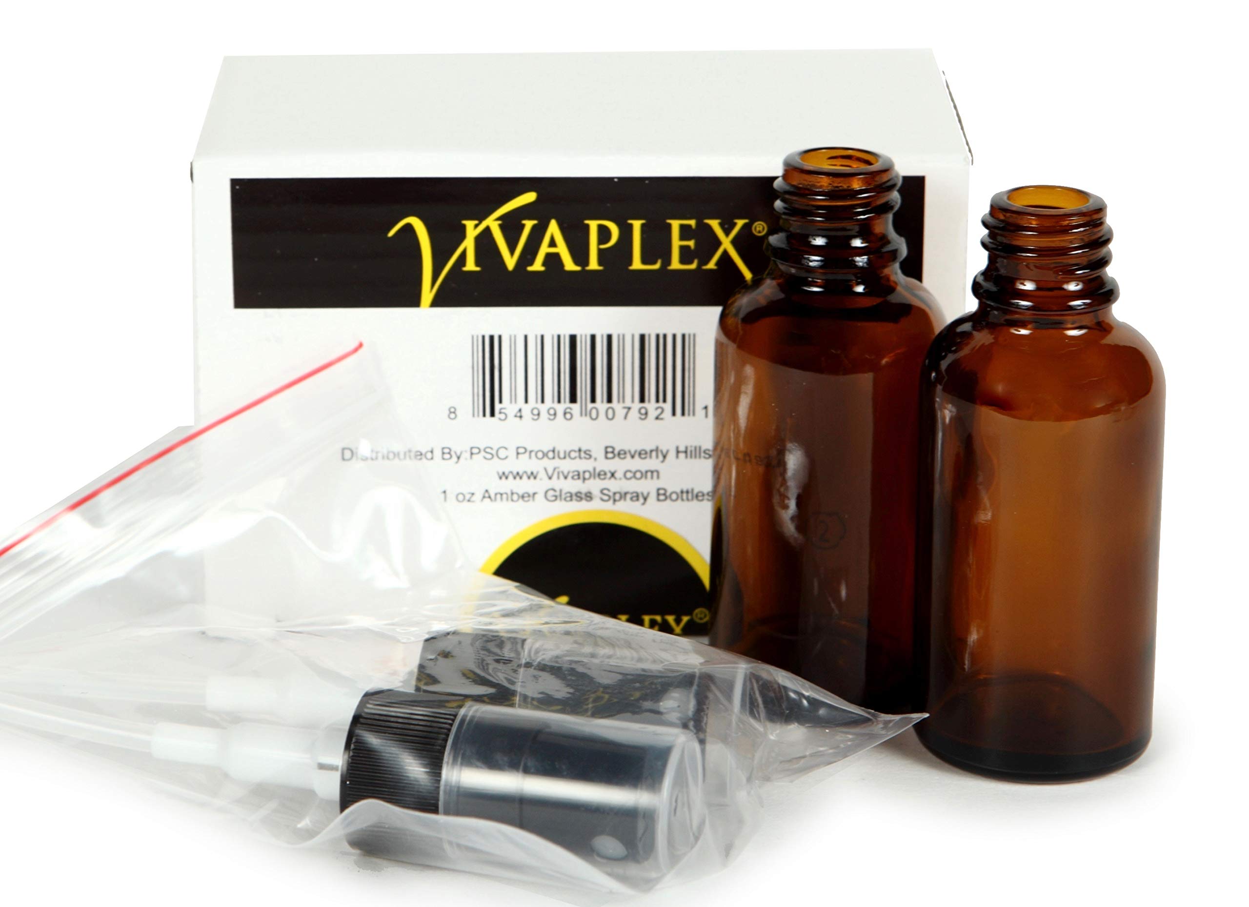 Vivaplex, Amber, 1 oz Glass Bottles, with Black Fine Mist Sprayers - 2 pack