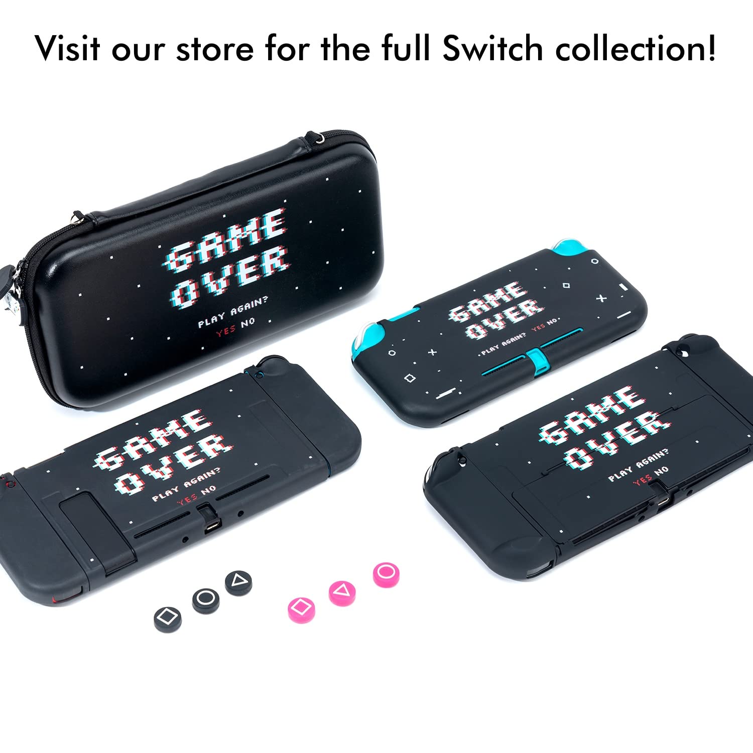 BelugaDesign Game Over Carrying Case | Retro Arcade Space Cool Kids Boys Travel Storage Wrist Shoulder Strap | Compatible with Nintendo Switch Standard Lite OLED (Black)