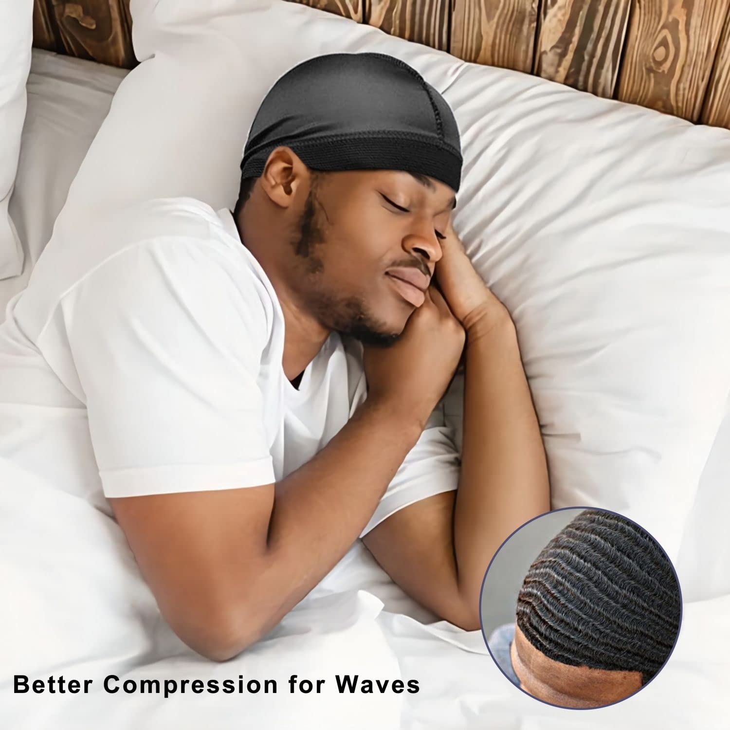 3PCS Wave Cap, Wave Caps for Men, Silk Durag Compression Cap for 360, 540, 720 Waves (Black, Black, Black)